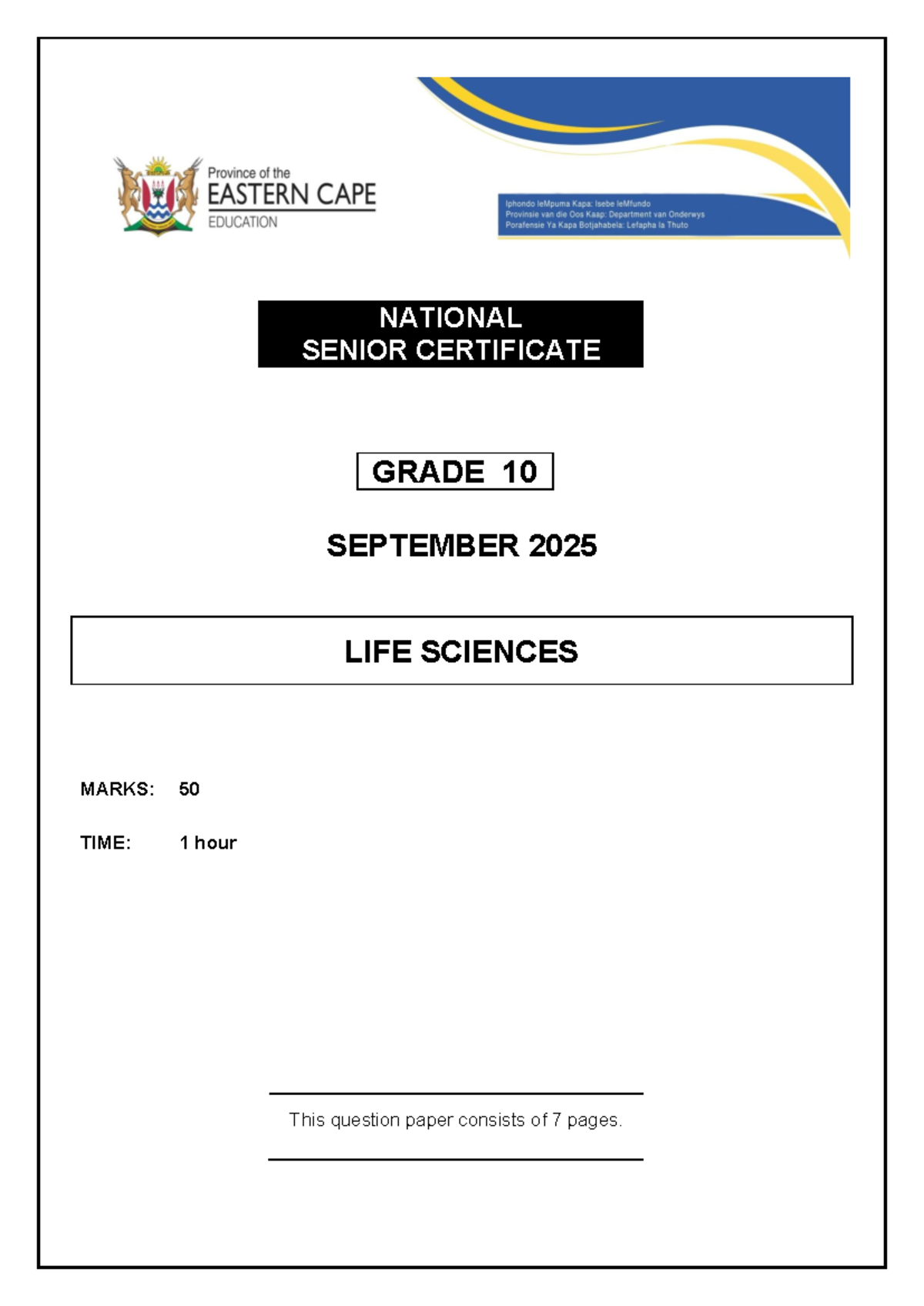 EC LIFE SCIENCES GRADE 10 SEPT 2025 TEST PAPER - Studocu