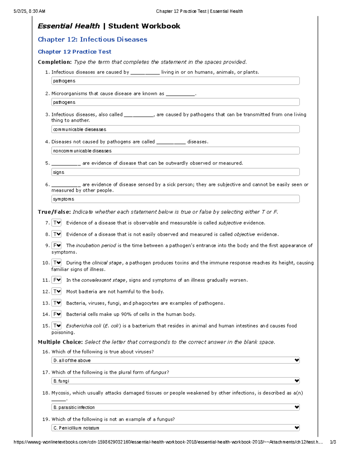 Chapter 12 Practice Test: Infectious Diseases - Essential Health - Studocu