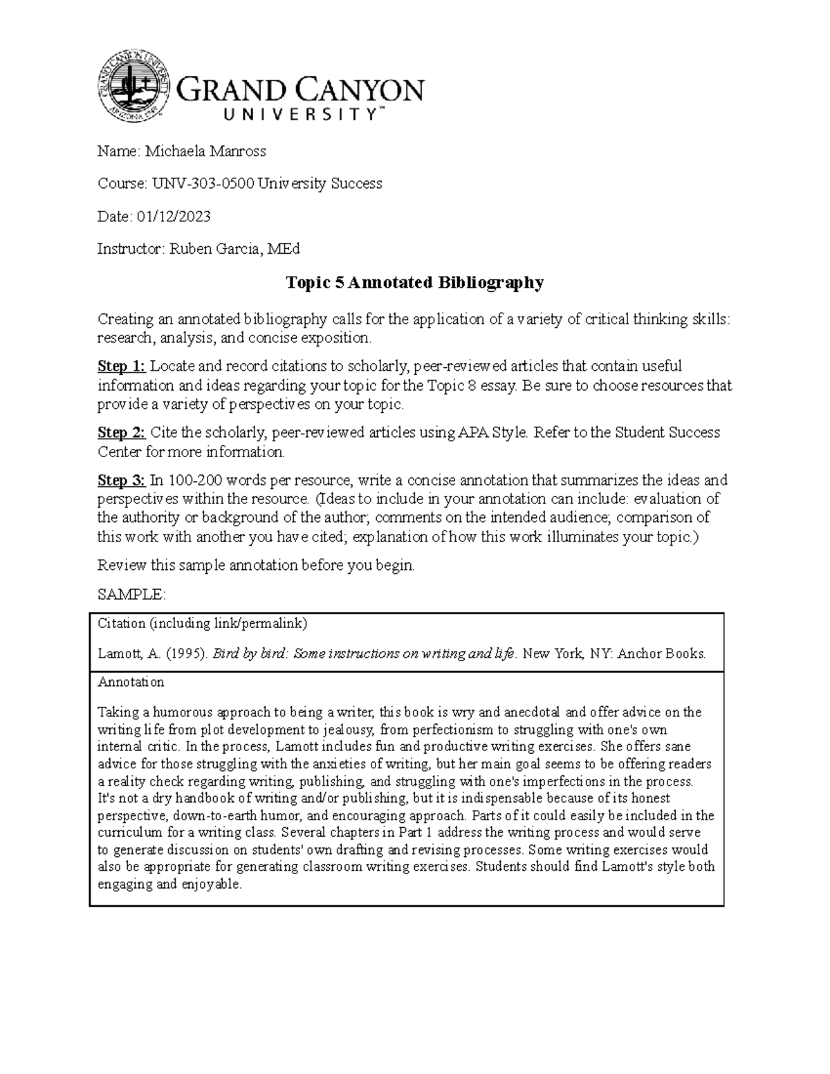 UNV-303-0500-T5-Annotated Bibliography for University Success - Studocu
