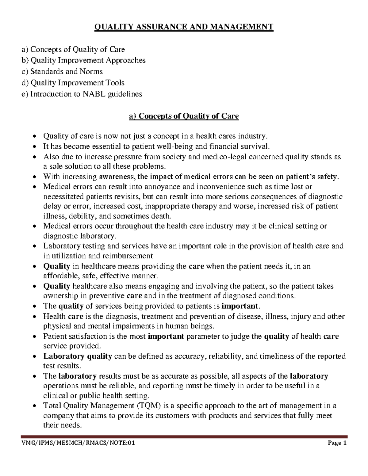 Quality Assurance & Improvement in Healthcare Management (NABL ...