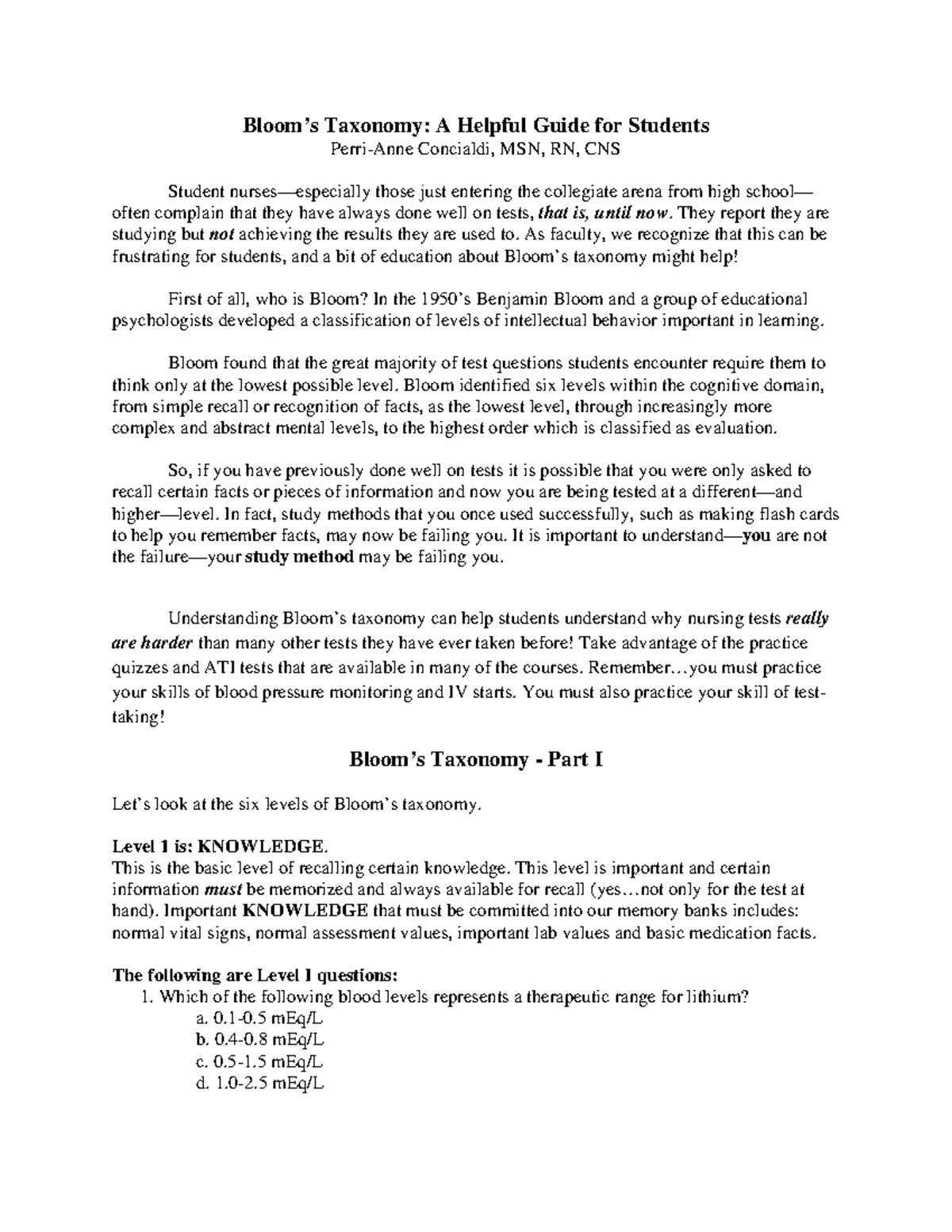 Taxonomy in Nursing: A Student's Guide to Bloom's Levels - Studocu
