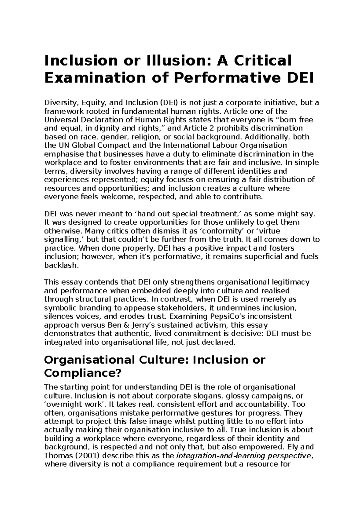 DEI Essay: Inclusion vs. Illusion in Organizational Culture - Studocu