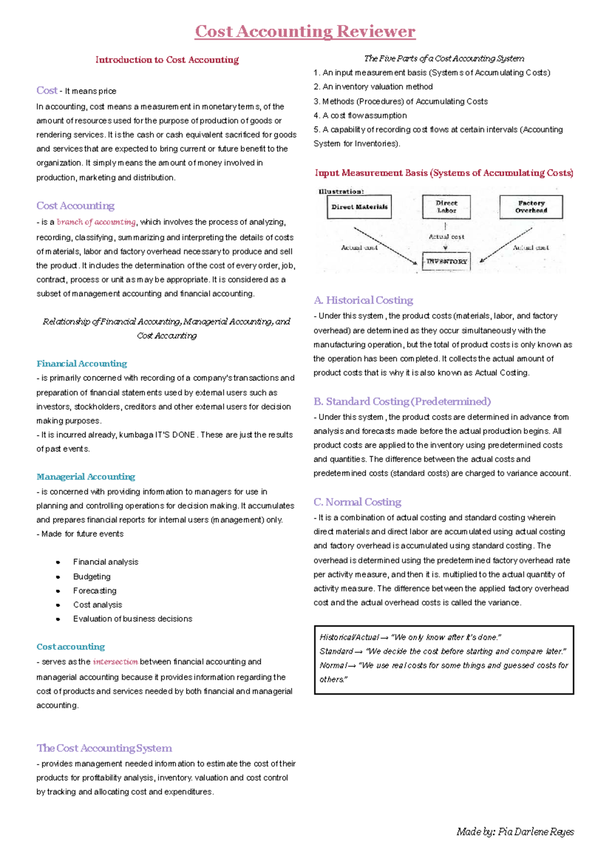 Cost Accounting Reviewer: Key Concepts and Methods - Studocu