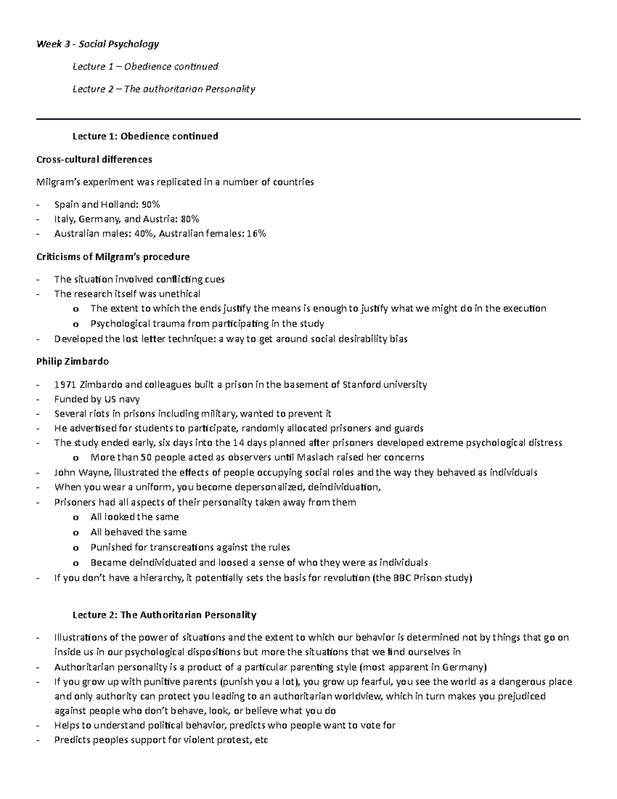 PSYC121 - social psychology and obedience notes - Week 3 - Social ...
