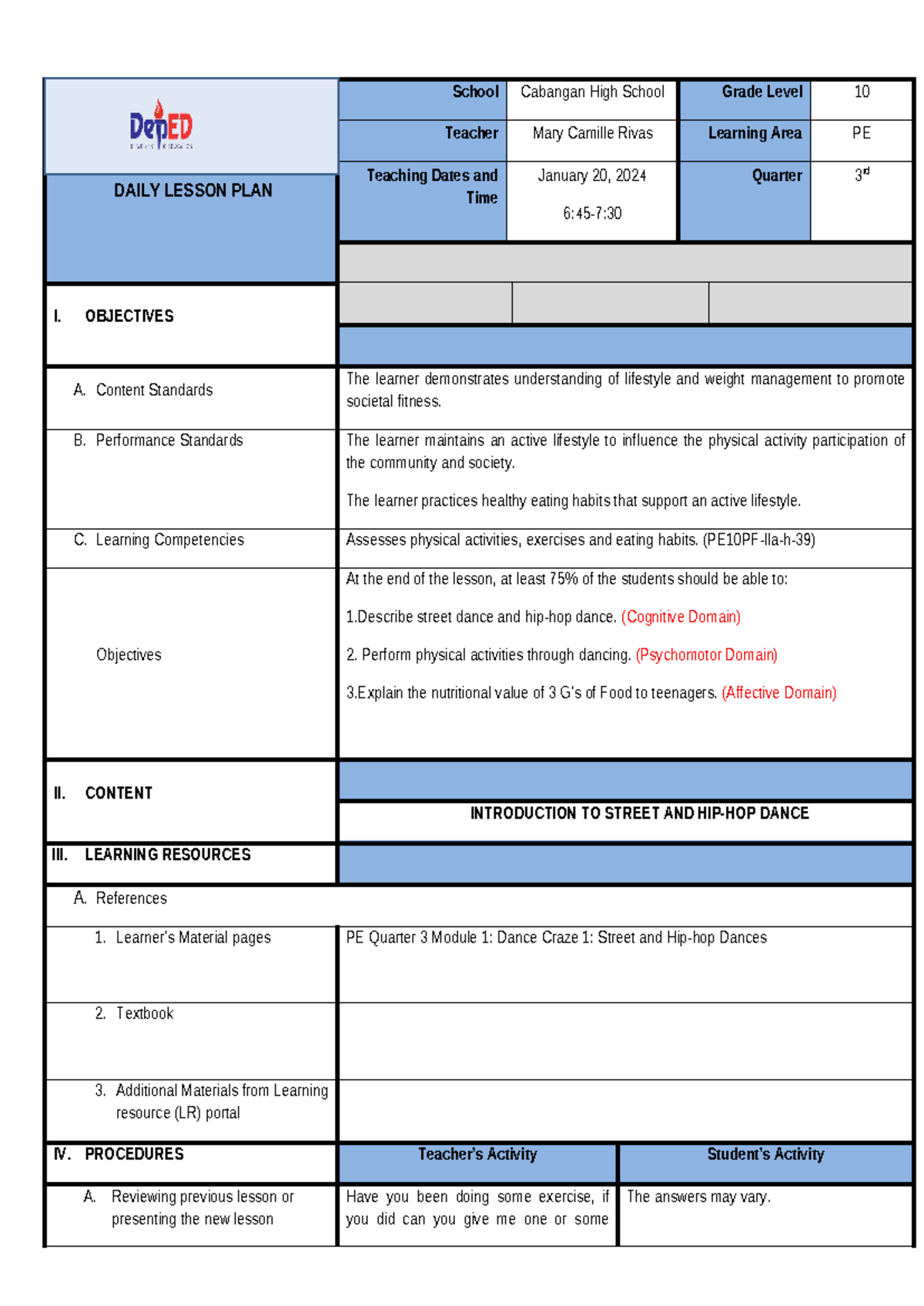 Lesson 1- Introduction to Street and Hip-hop Dance - DAILY LESSON PLAN ...