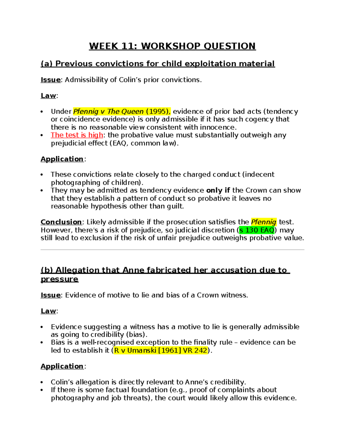 WEEK 11: WORKSHOP QUESTIONS ON EVIDENCE ADMISSIBILITY IN CRIMINAL CASES ...