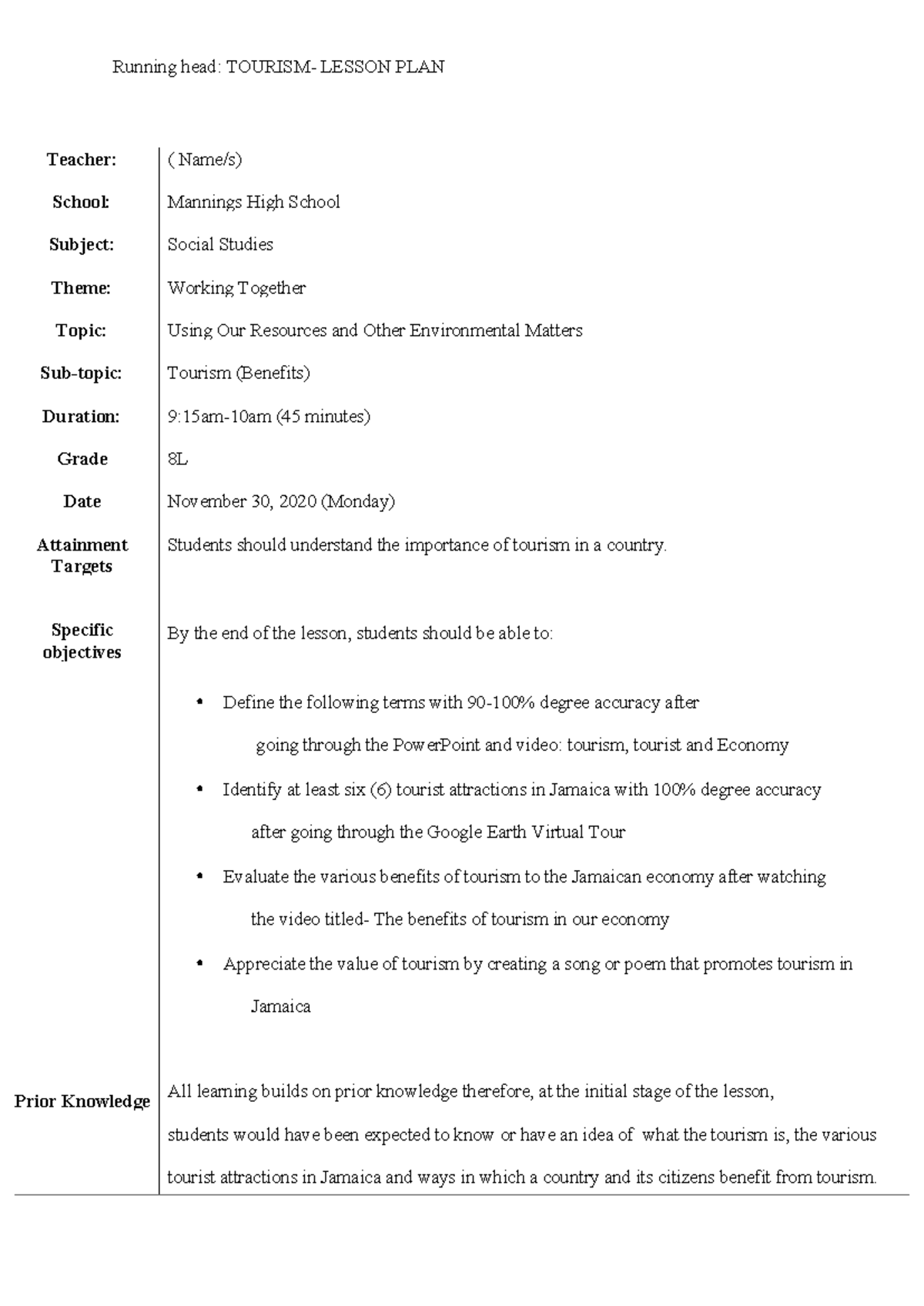 8L Tourism Lesson PLAN. ( Sample)docx - Running head: TOURISM- LESSON ...