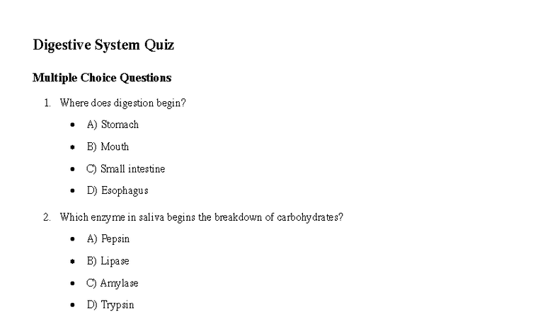 Digestive System Quiz (Anatomy) - Multiple Choice Questions - Studocu
