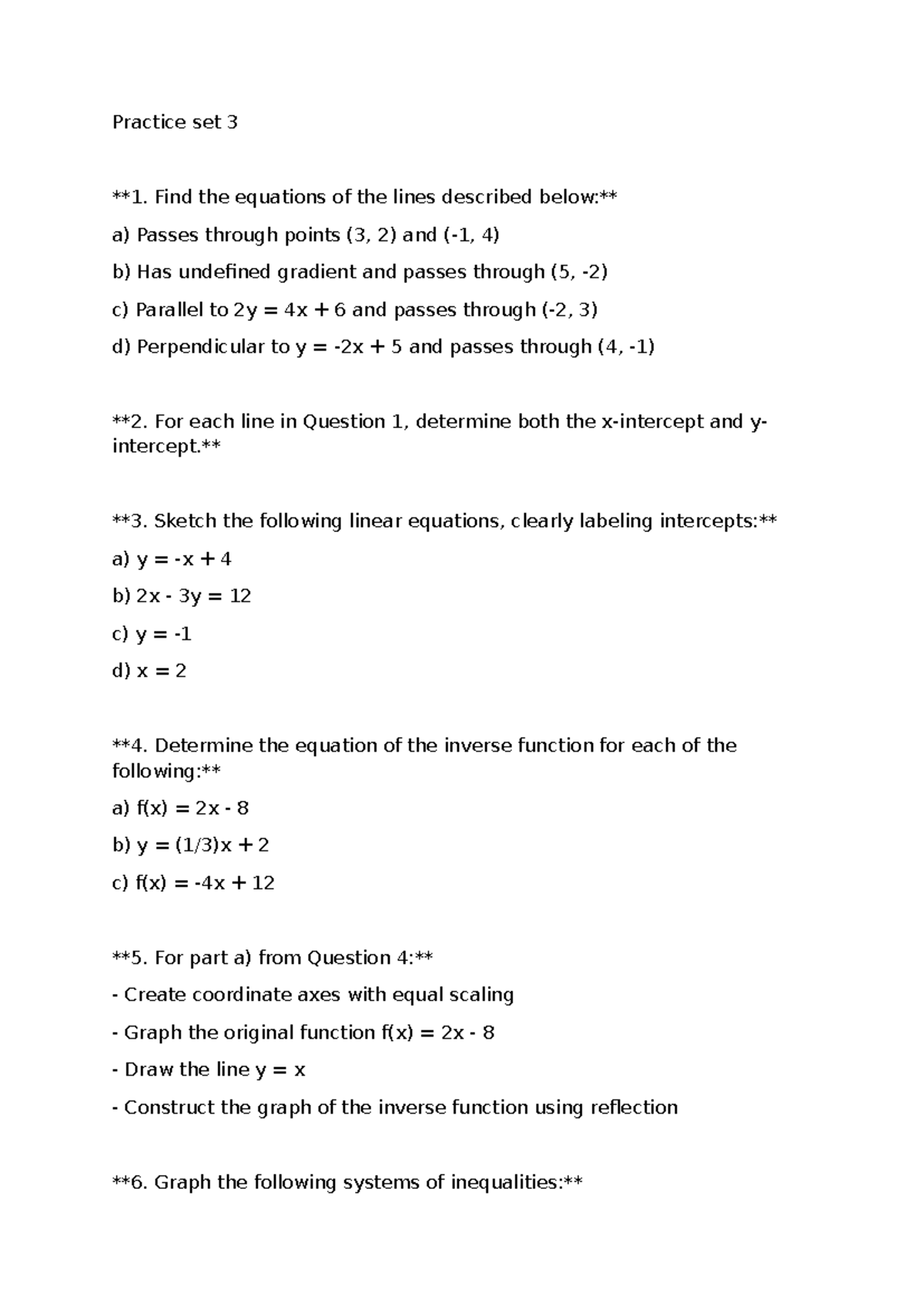 Practice Set 3: Equations of Lines & Inverse Functions - Studocu