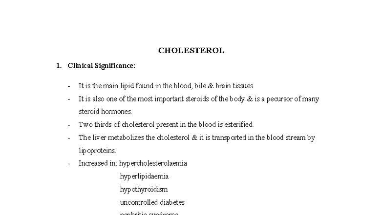 Cholesterol Clinical Significance & Testing Procedure Notes - Studocu