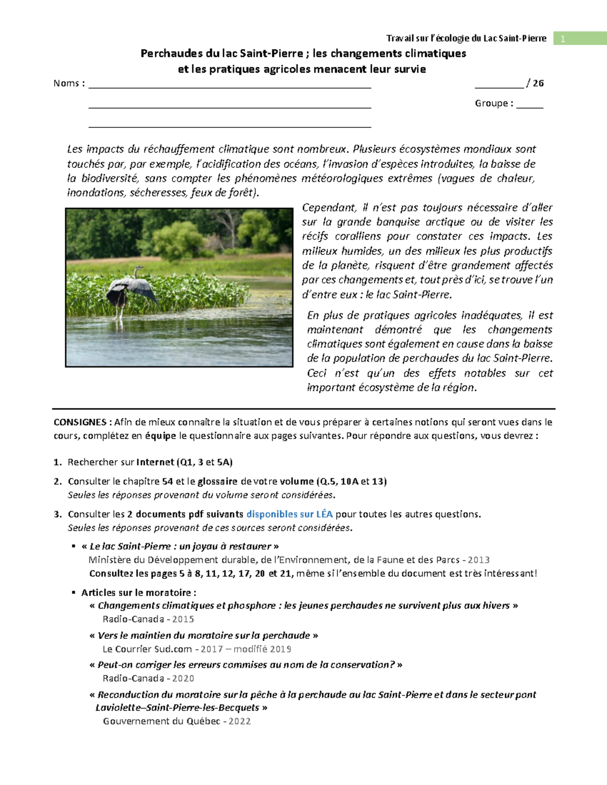 Questionnaire sur les Changements Climatiques et la Perchaude (Cours 54 ...