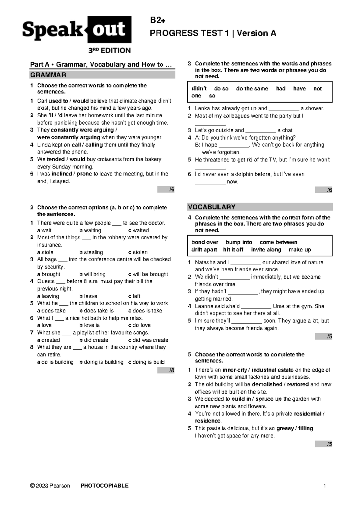 SO3 B2+ Progress Test 1A: Grammar, Vocabulary, and Comprehension - Studocu