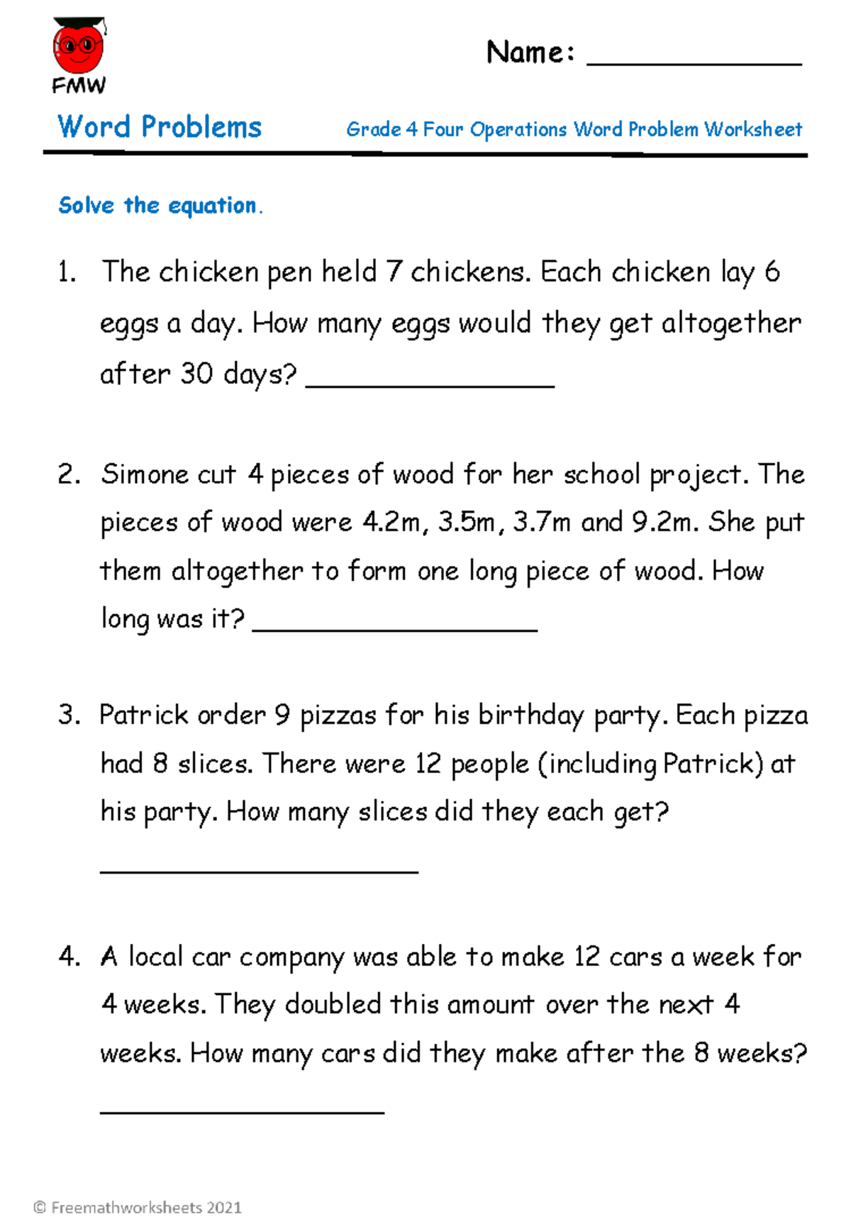 Grade 4 Four Operations Worksheet 1 - Name: ____________ Word Problems ...