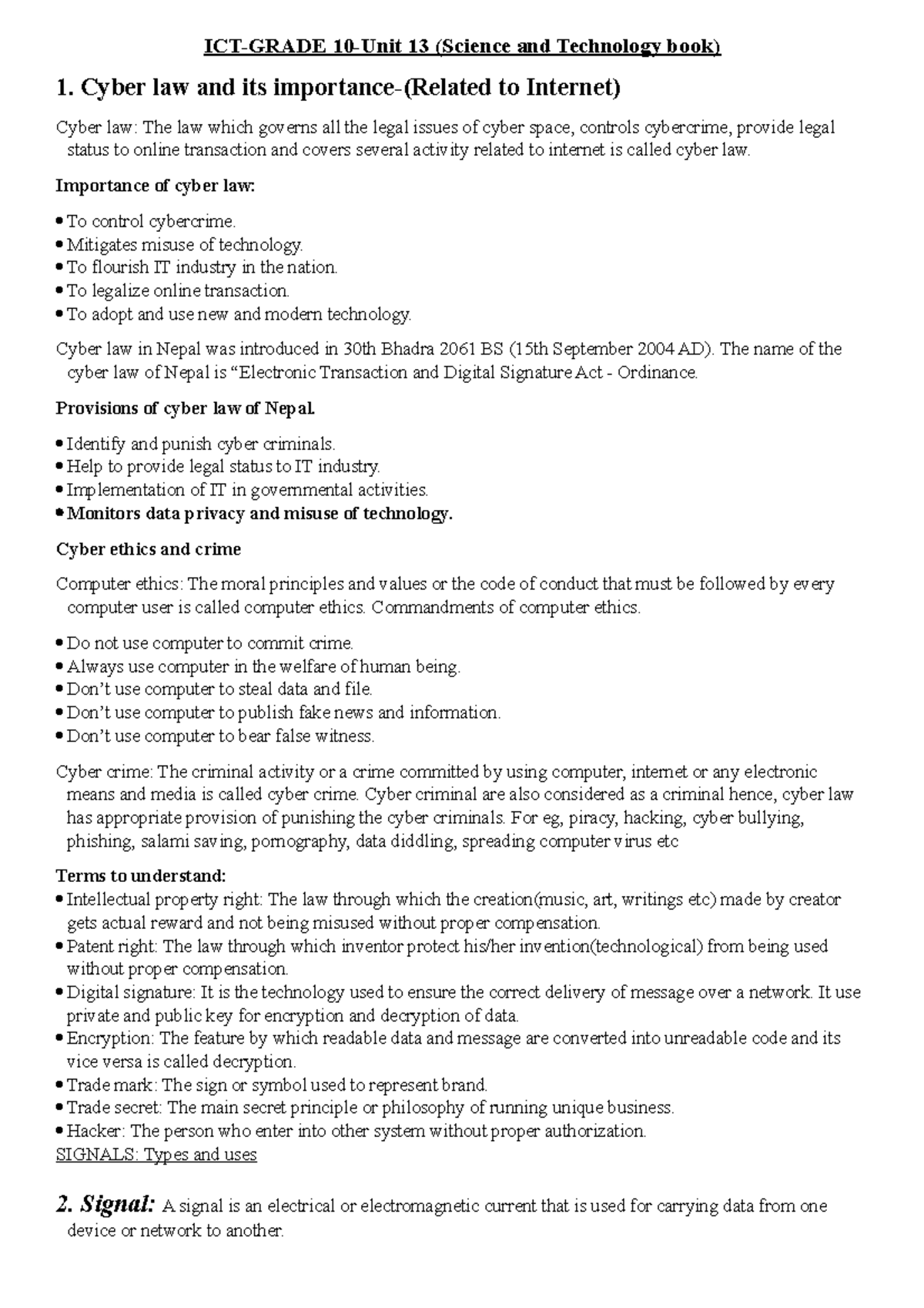 Class 10 ICT Notes on Cyber Law, Signals, and Netizenship - Studocu