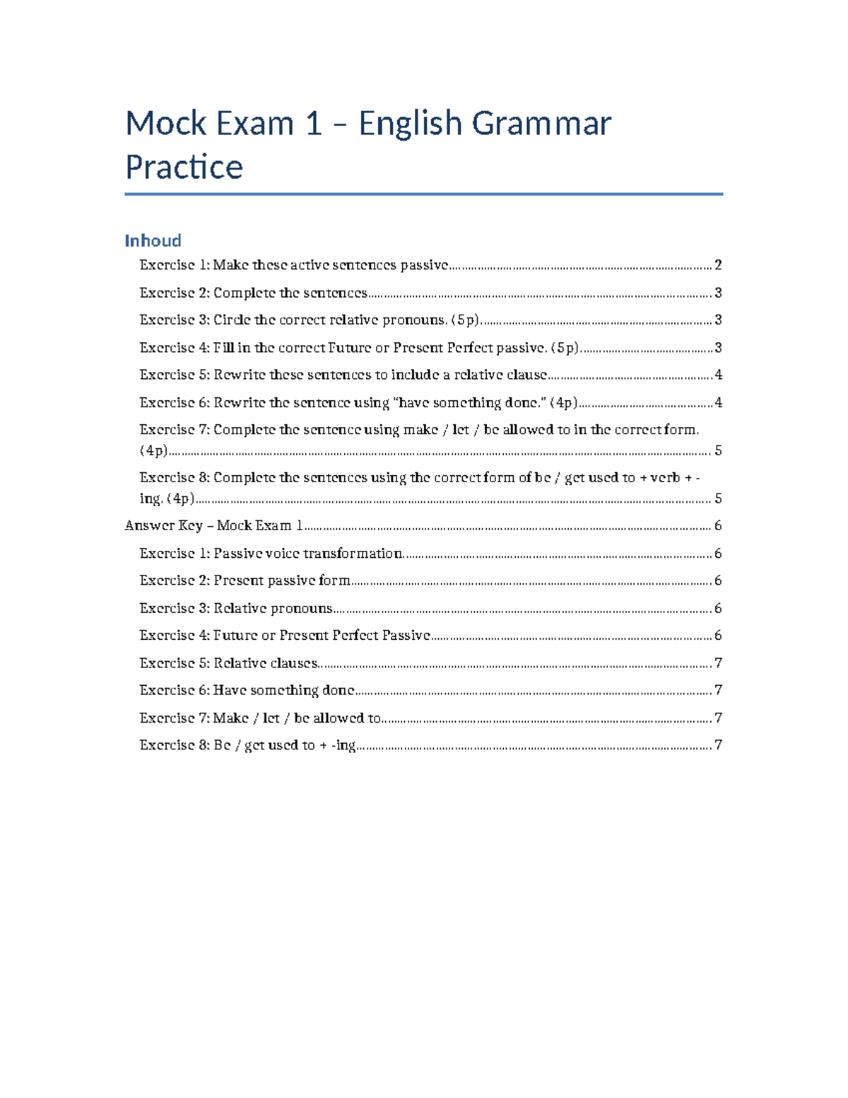 Mock Exam 1: English Grammar Practice & Exercises - Studeersnel