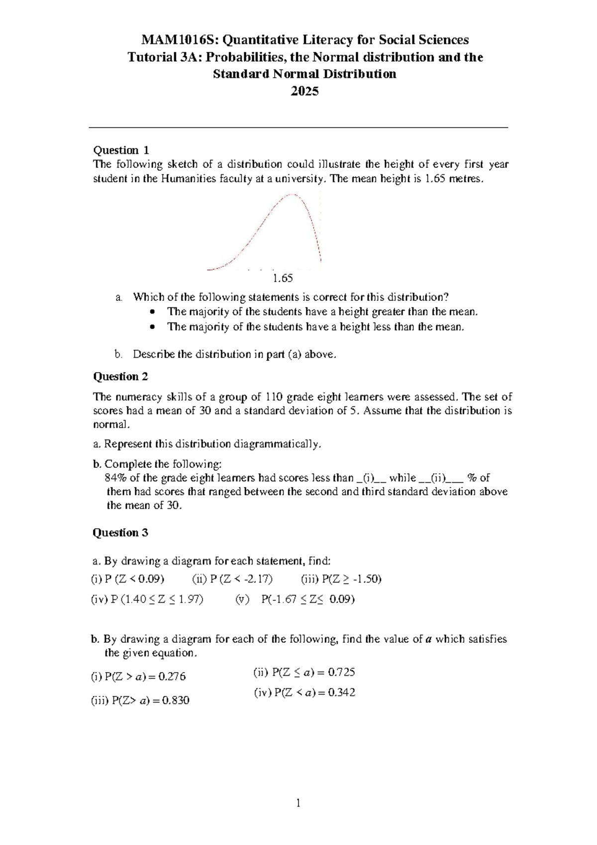 MAM1016S: Tutorial 3A on Probabilities & Normal Distribution - Studocu