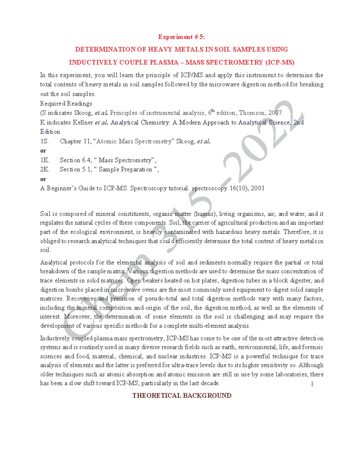 Experiment 5: Determination of Heavy Metals in Soil via ICP-MS - Studocu