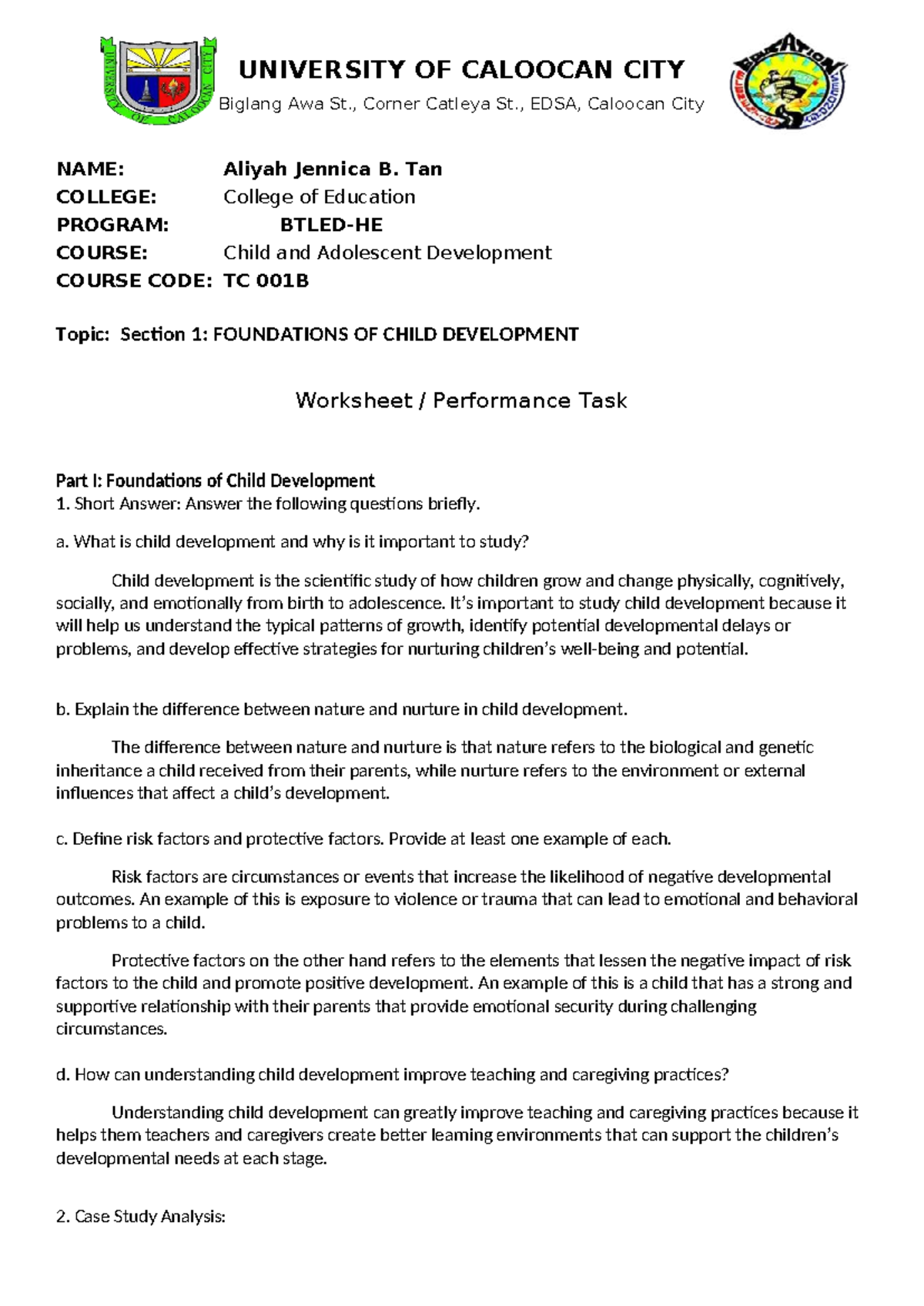 TC 001B Child and Adolescent Development Worksheet NO - Studocu