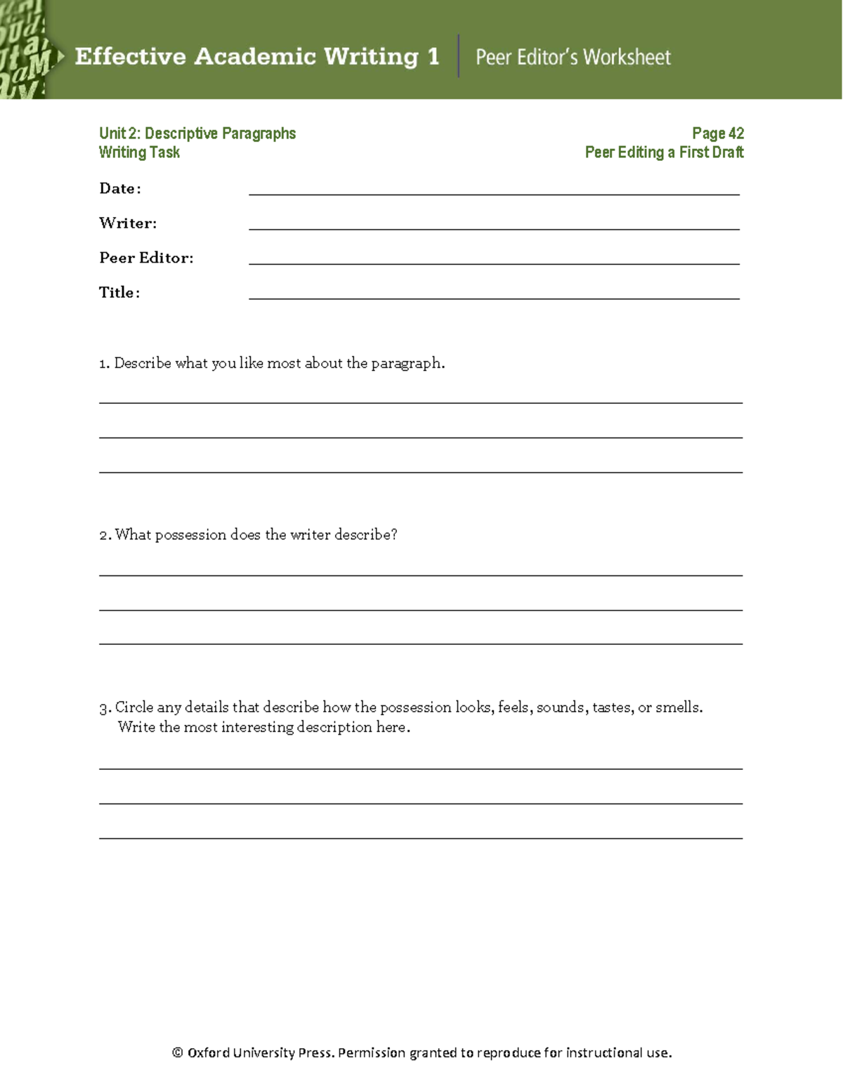 EAW1: Unit 2 Descriptive Paragraphs Peer Editing Guide - Studocu
