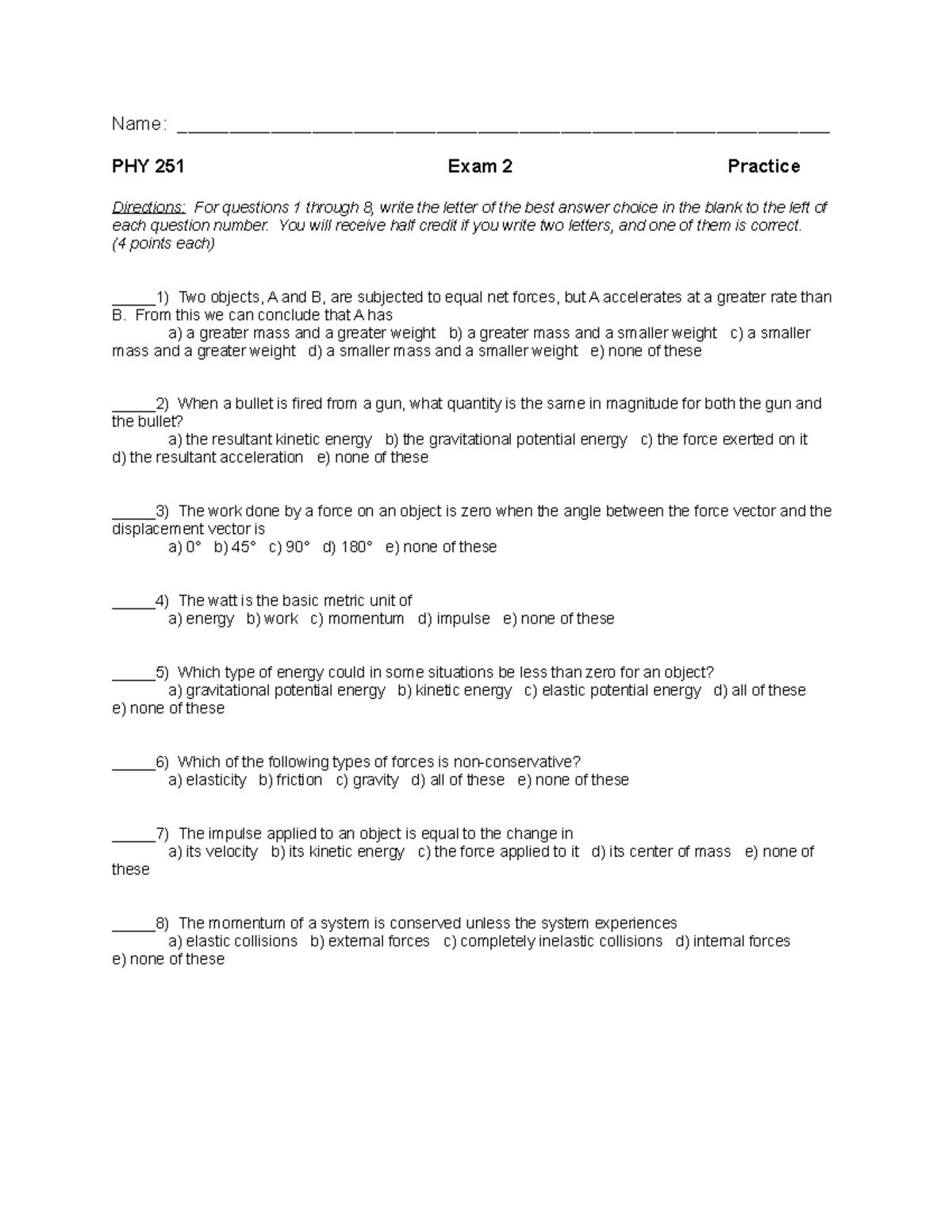 PHY 251 Exam 2 Practice Questions and Answers - Studocu