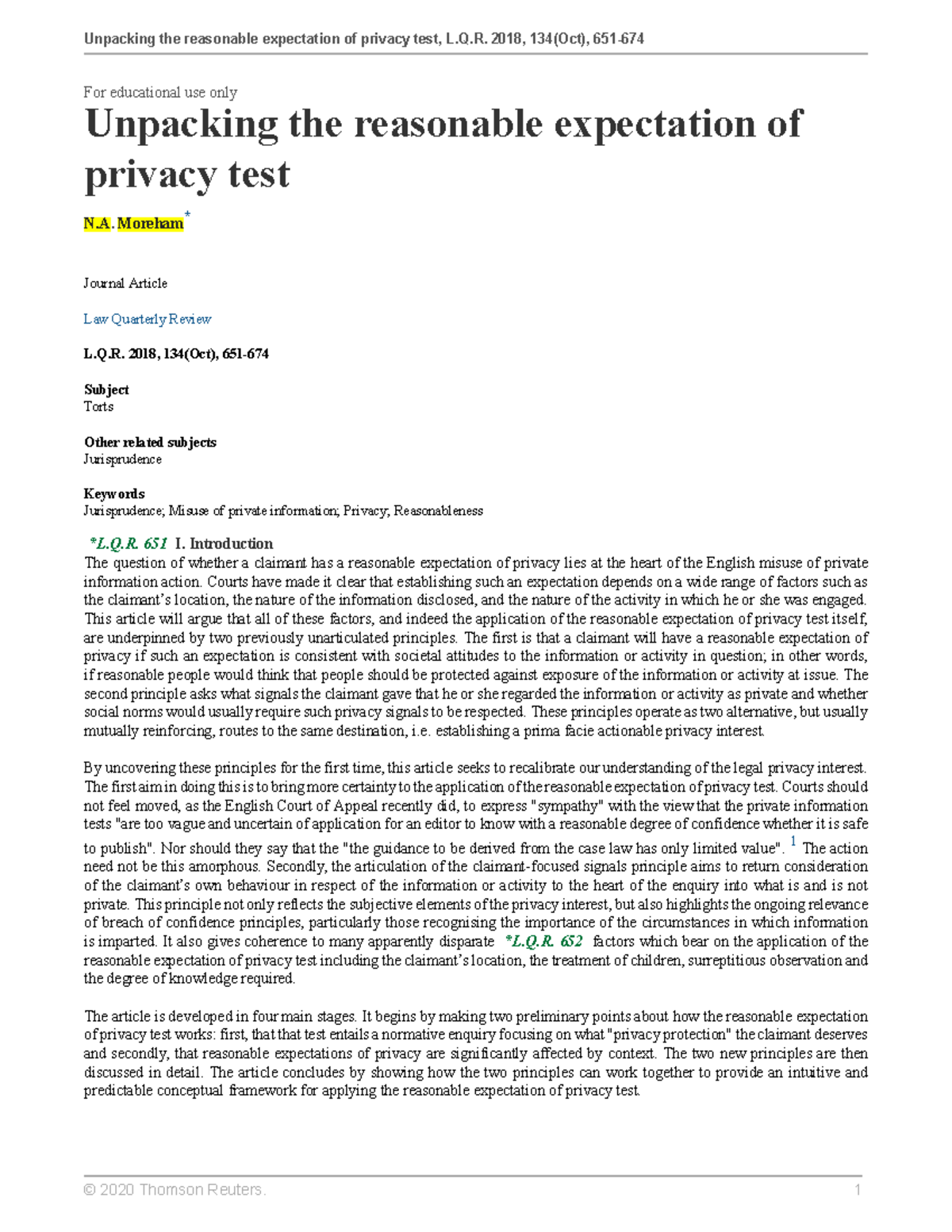 Understanding the Reasonable Expectation of Privacy Test in Law - Studocu