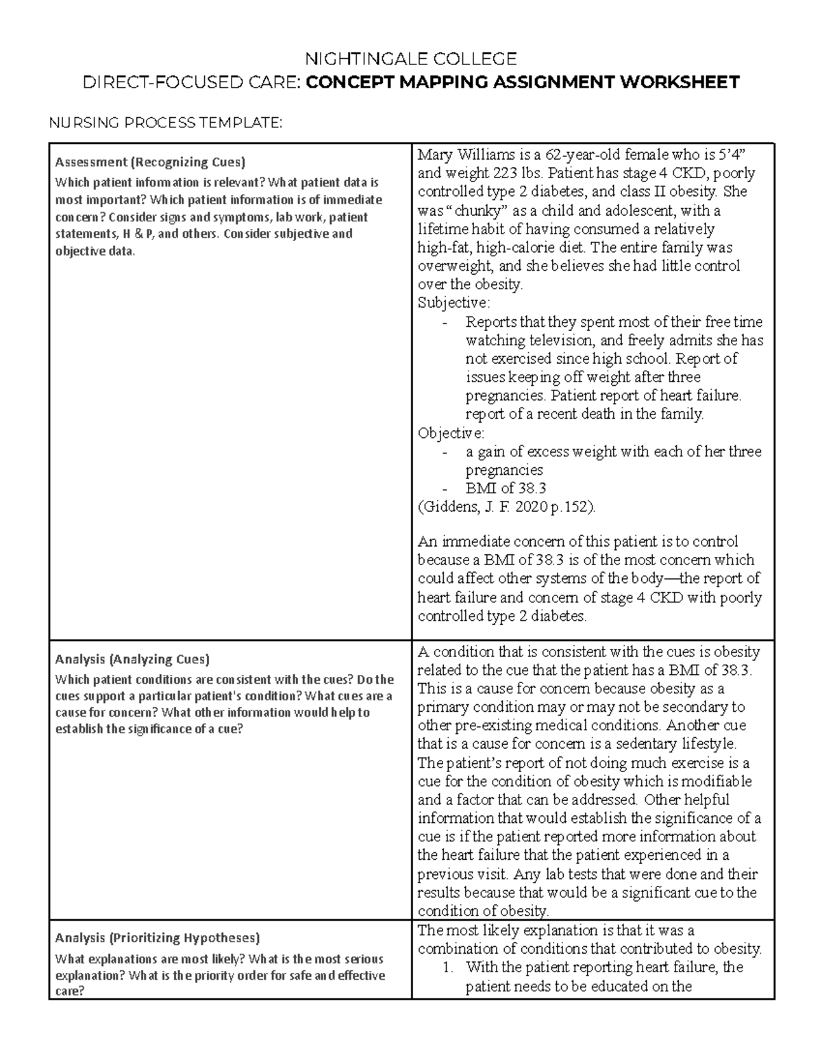 Nursing Process Concept Map #4: Patient Mary Williams' Care - Studocu
