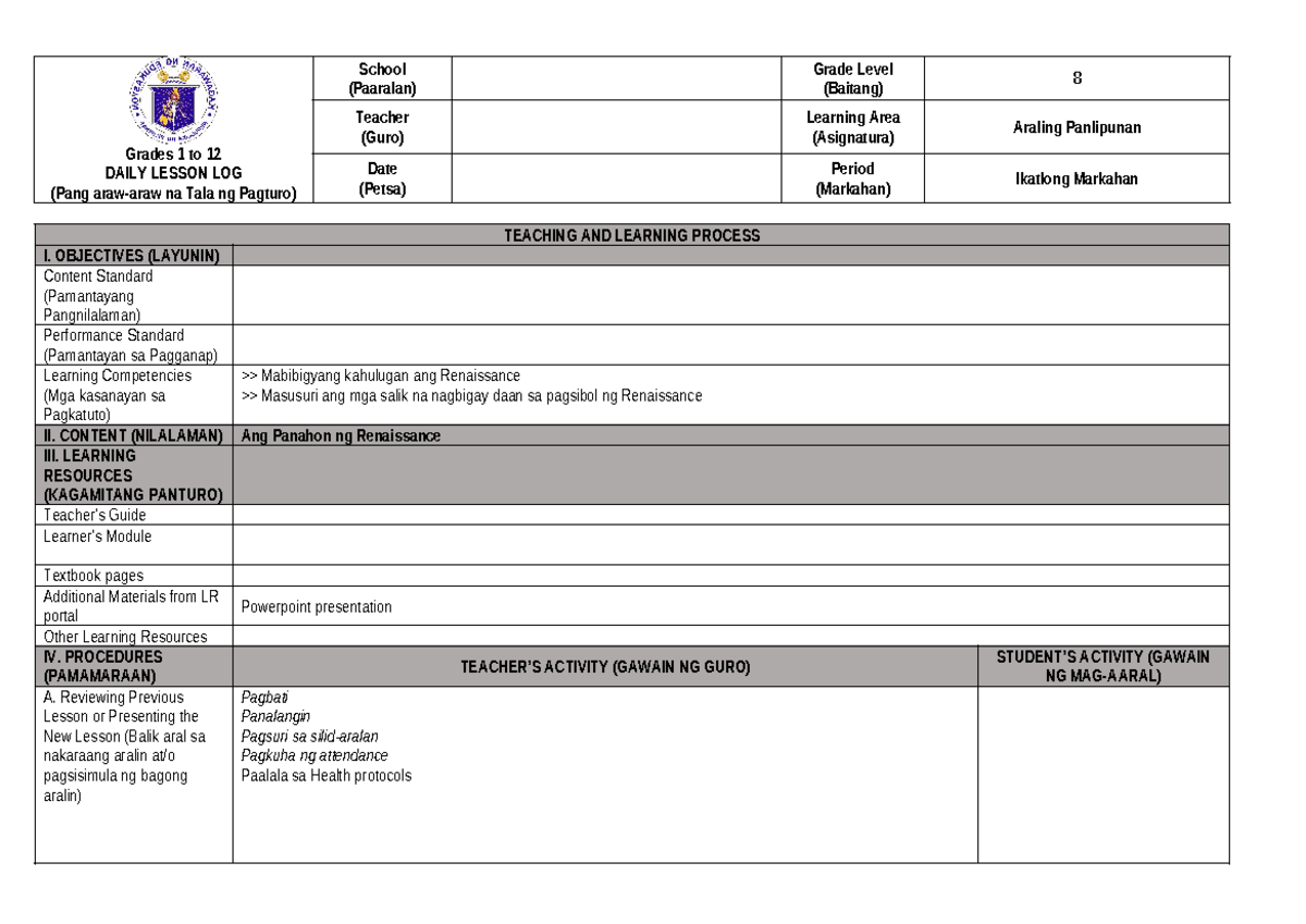 M1 Ang Panahon ng Renaissance - Grades 1 to 12 DAILY LESSON LOG (Pang ...