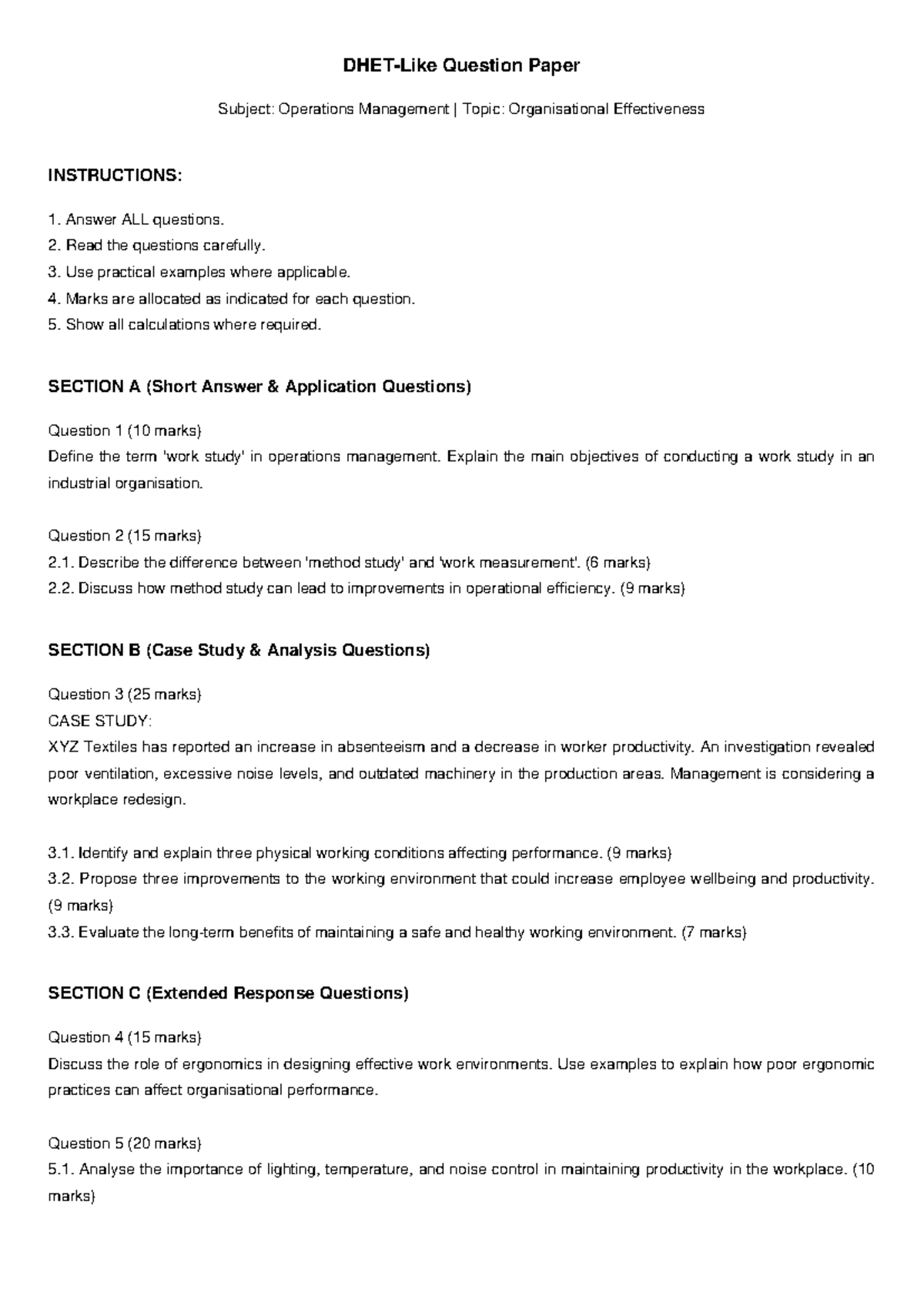 Operations Management: Work Study Environment Question Paper - Studocu