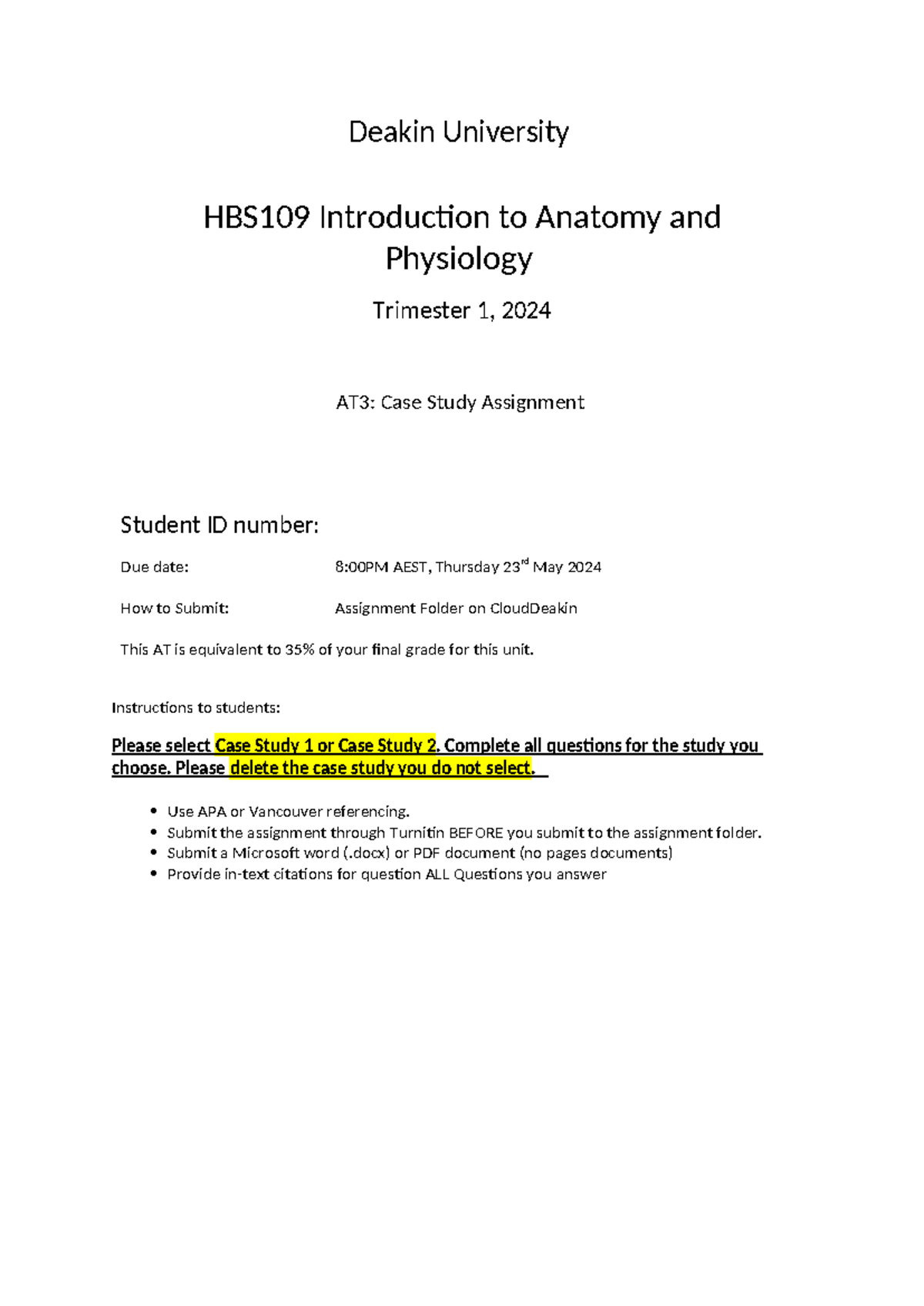 HBS109 Trimester 1 2024 AT3: Case Study on Athlete Blood Doping - Studocu