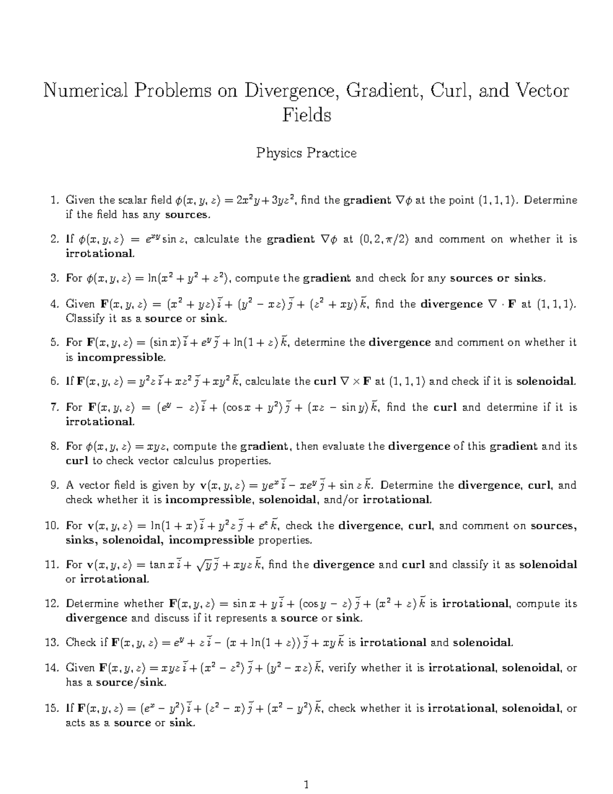 Numerical Problems on Divergence, Gradient, Curl, and Vector Fields - Physics - Studocu