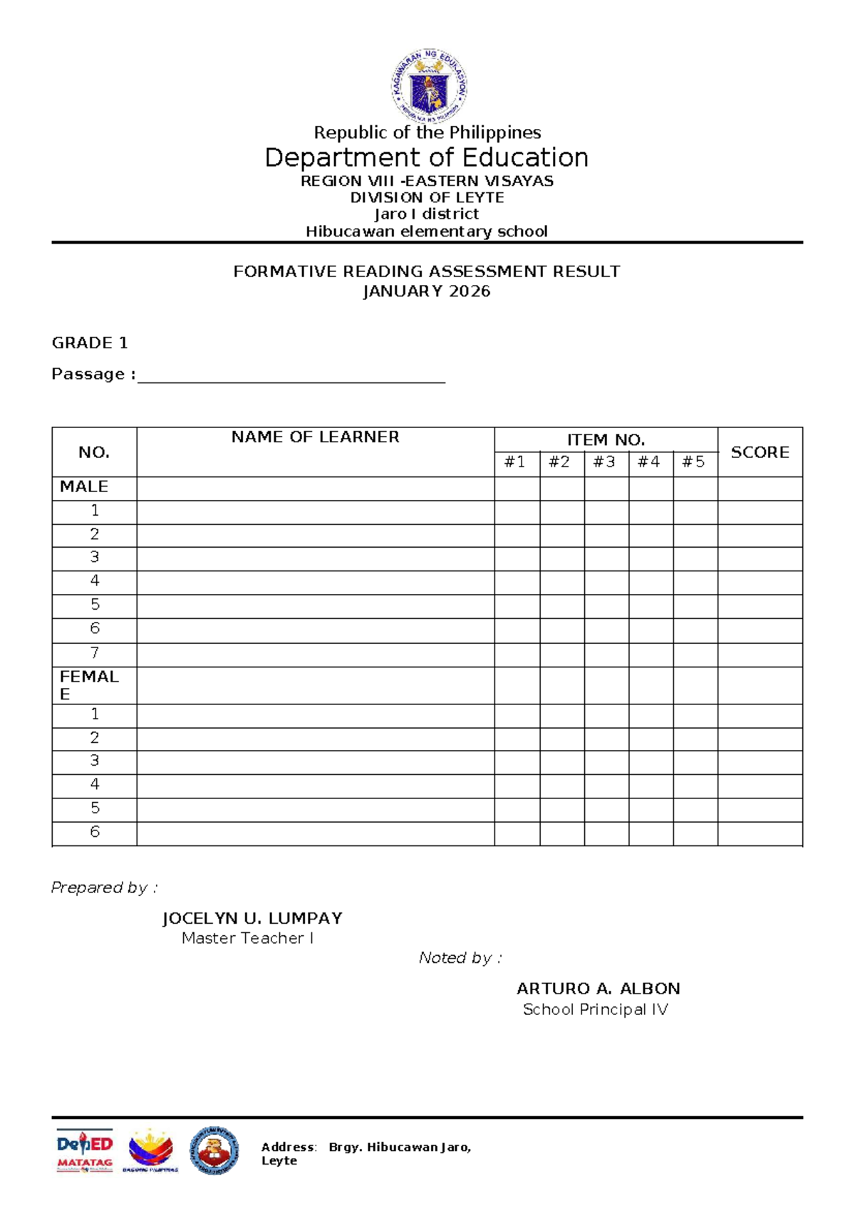 Formative Reading Assessment Results for Grades 1-5 (Jan 2026) - Studocu