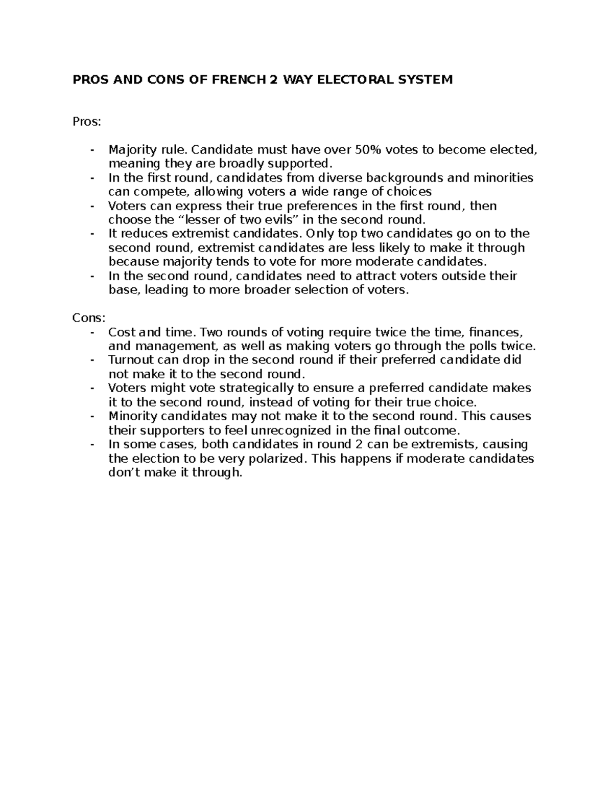 PROS AND CONS OF French 2 WAY Electoral System - PROS AND CONS OF ...