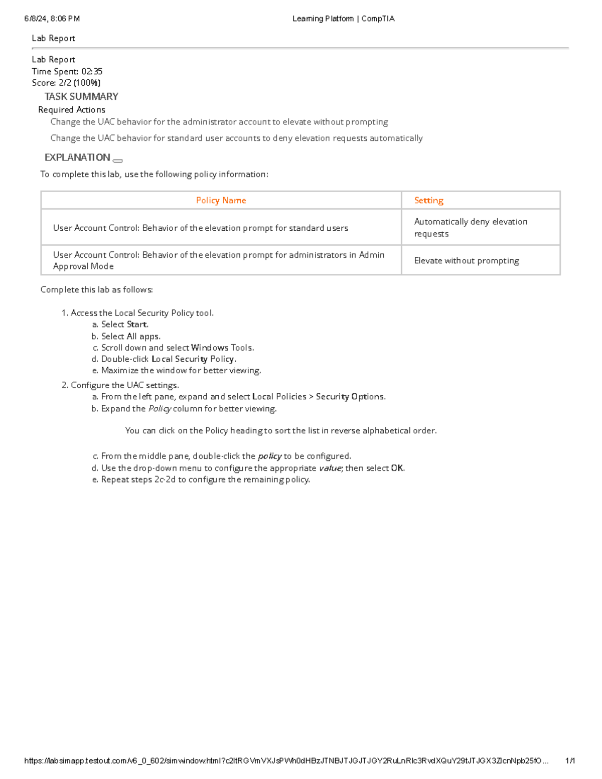 6.6.8 - UAC Settings Configuration Lab Report (Simulation) - Studocu