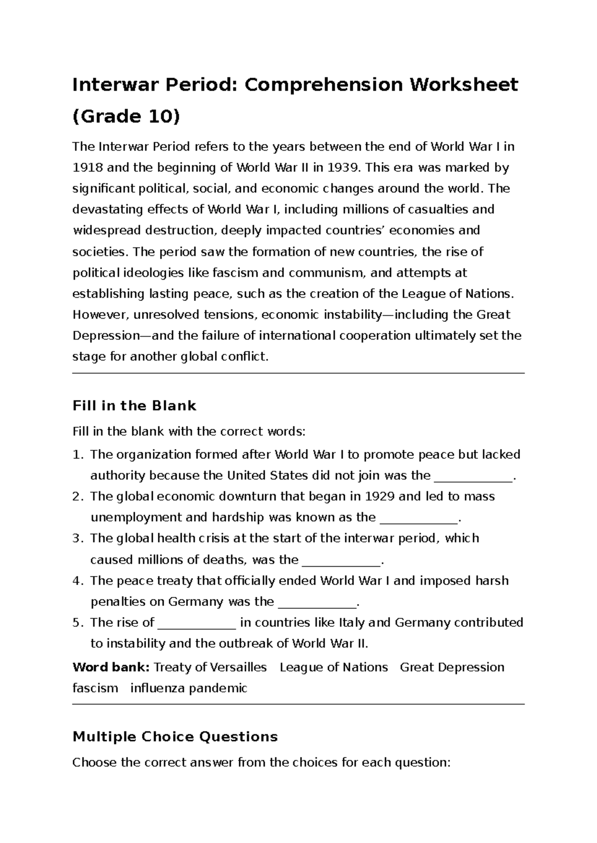 Interwar Period: Comprehension Worksheet (Grade 10) - Studocu