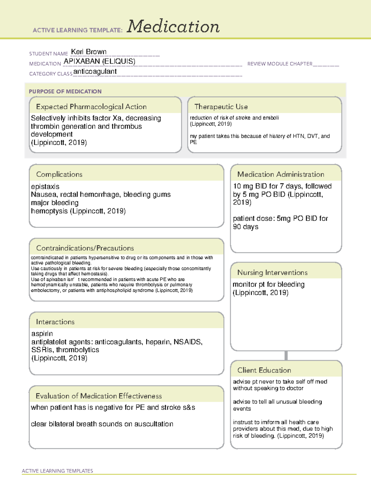 Apixaban (Eliquis) Medication Sheet - Active Learning Template - Studocu