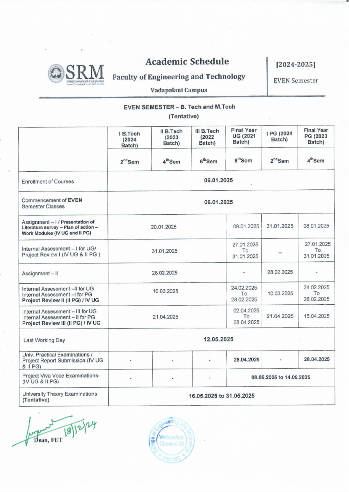 Academic Schedule FET Even Semester 2024 - 2025 - Academic Schedule SRM Faculty of Engineering ...