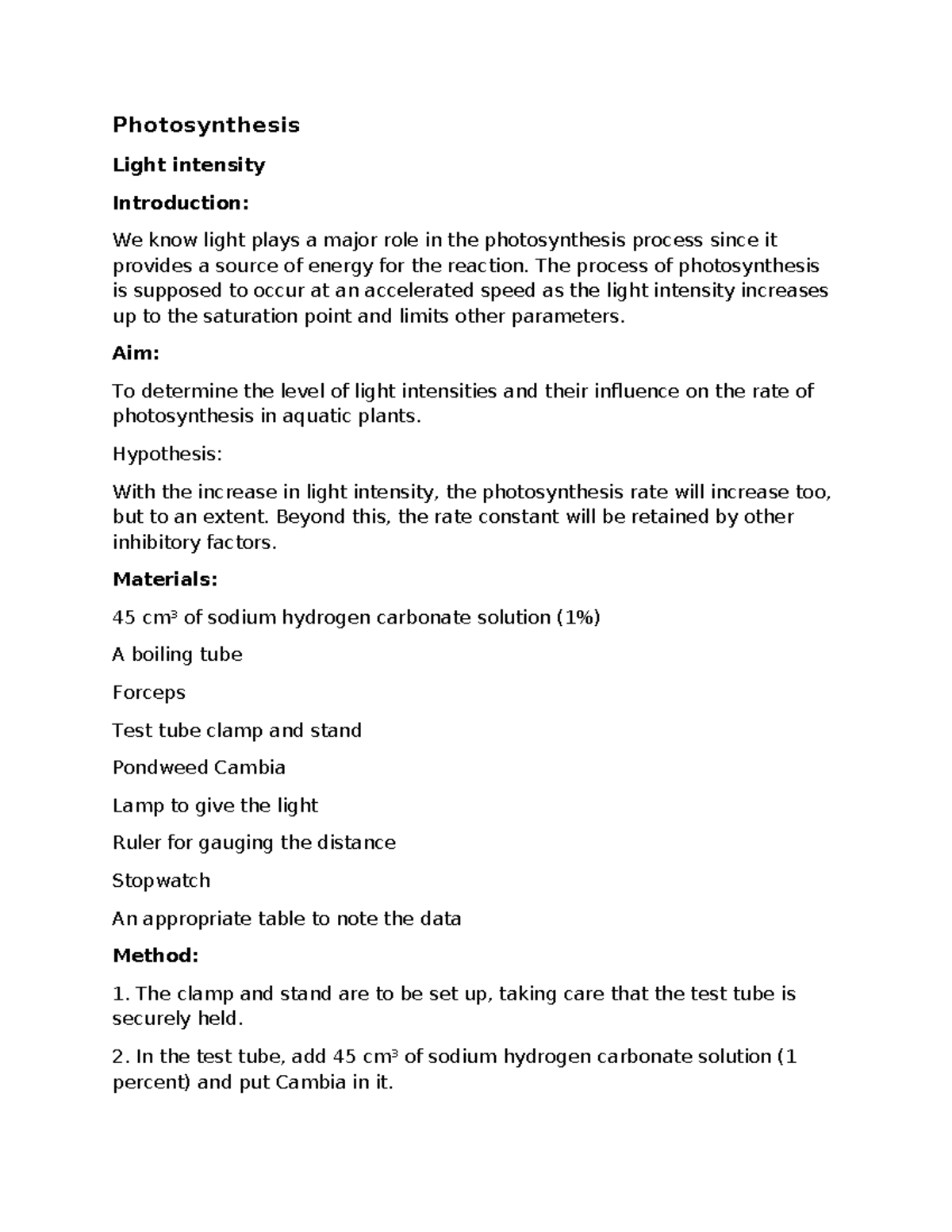 Photosynthesis Experiment: Effects of Light, CO₂, and Temperature on ...