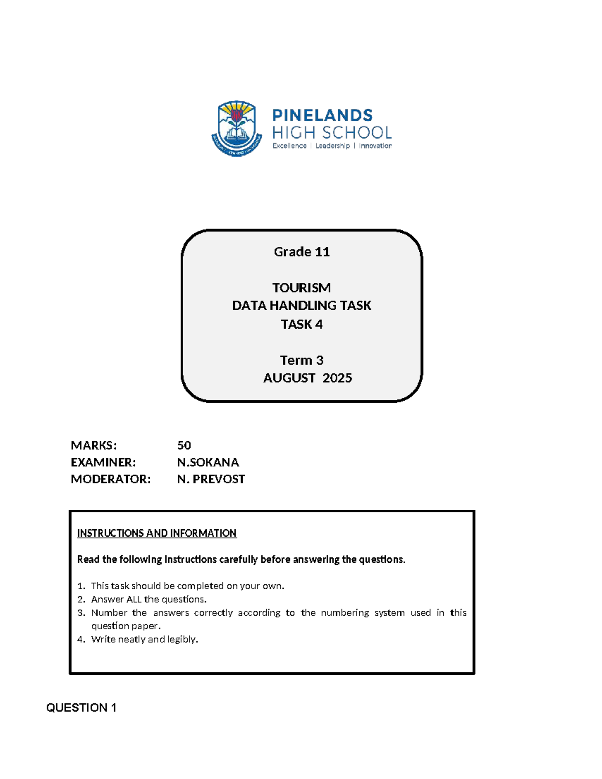 Grade 11 Tourism Data Handling Task 4 - Term 3 2025 - Studocu