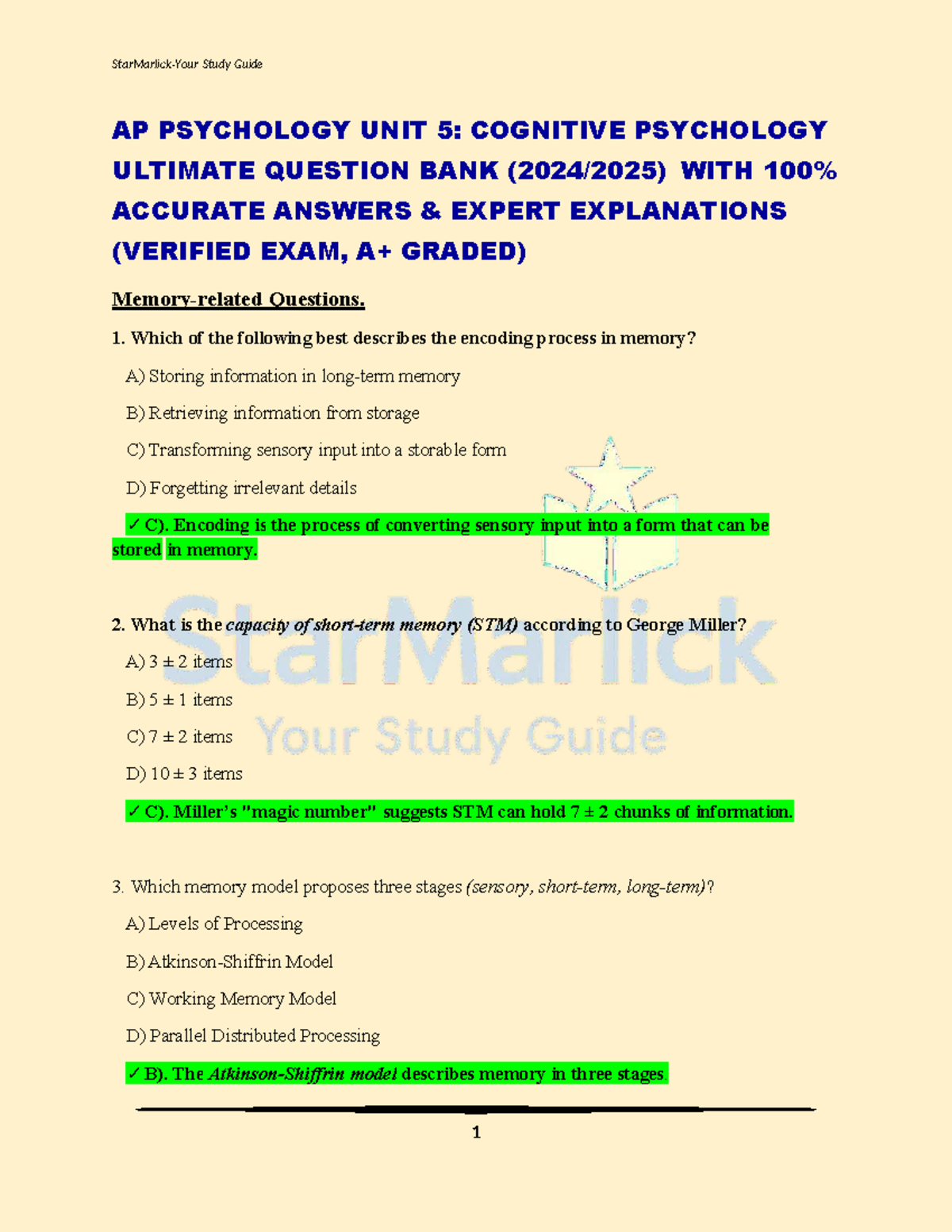 Cognitive Psychology Study Guide AP PSYCHOLOGY UNIT 5: Q&A Bank - Studocu