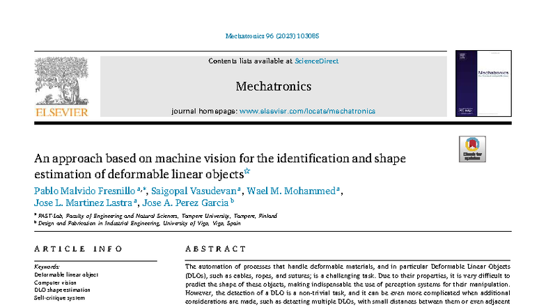 Machine Vision for DLO Shape Estimation in Mechatronics 96 (2023) - Studocu