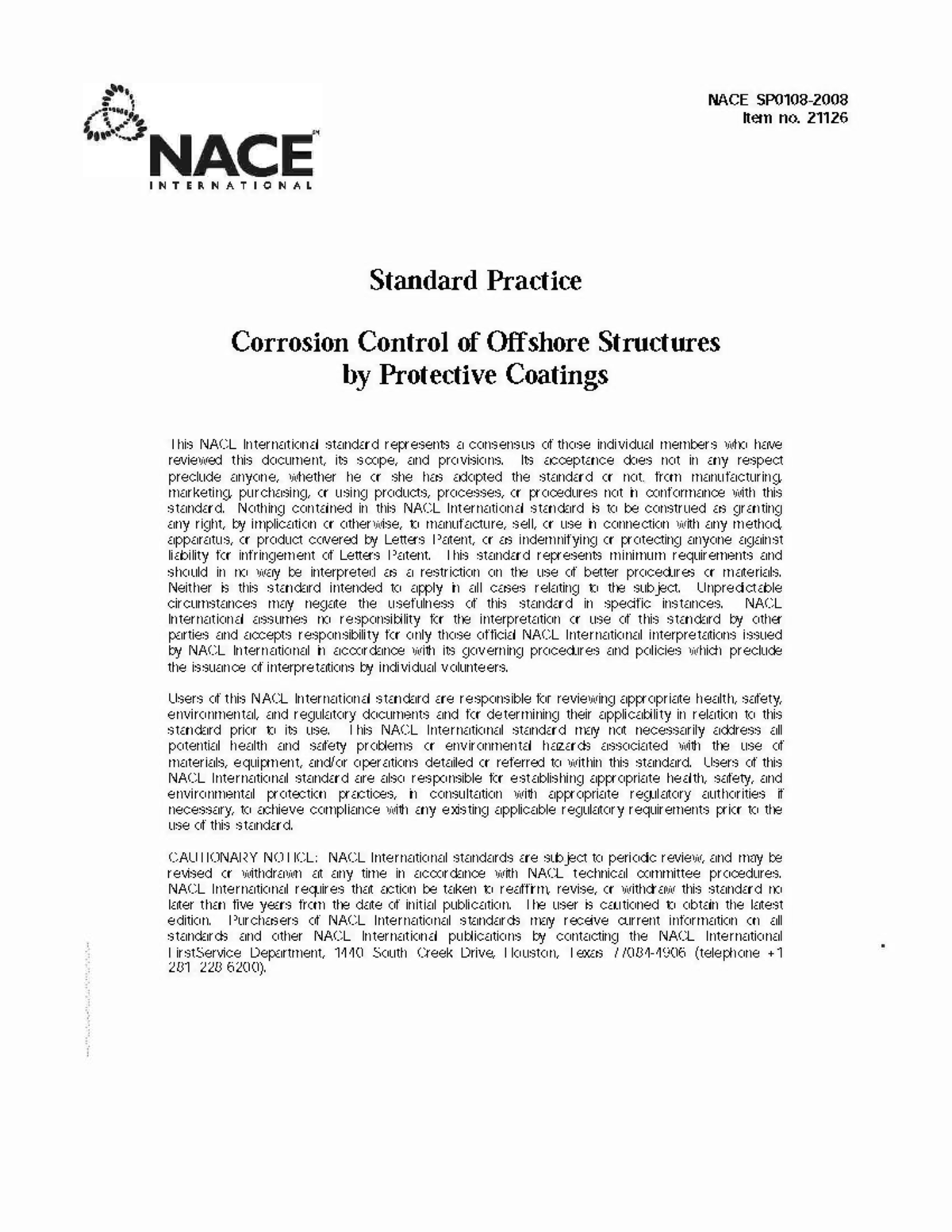 NACE SP 0108-2008: Corrosion Control for Offshore Structures Standards ...