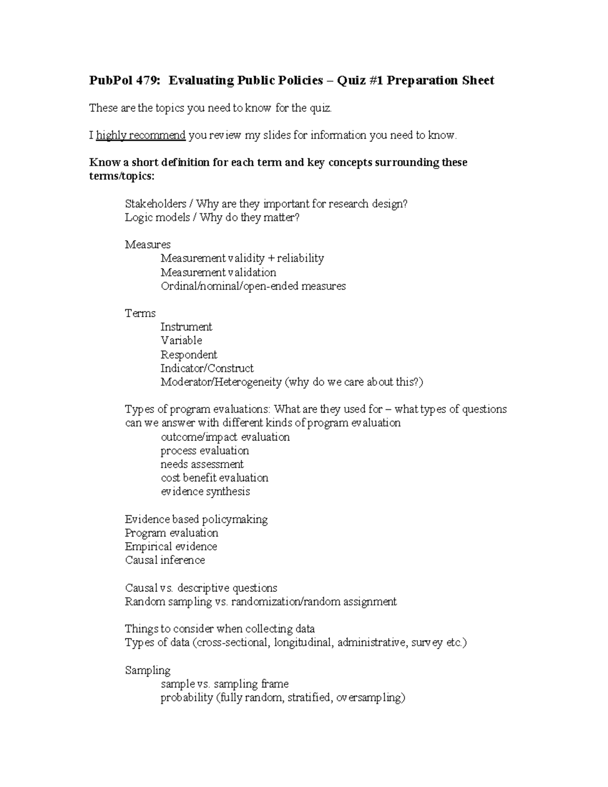 PubPol 479: Quiz #1 Prep for Evaluating Public Policies - Studocu