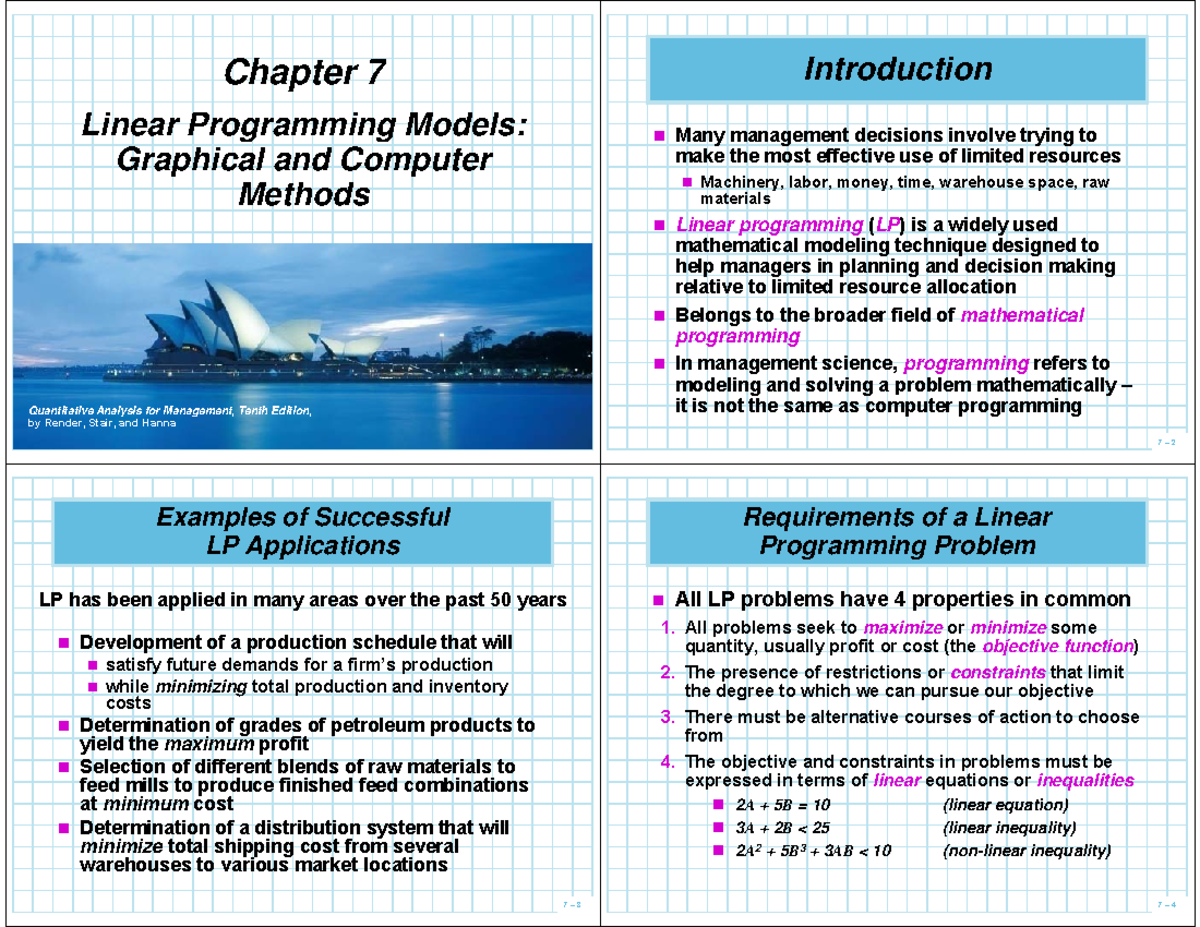 Chapter 07 - need doc - Chapter 7Chapter 7 Linear Programming Models:Linear Programming Models ...