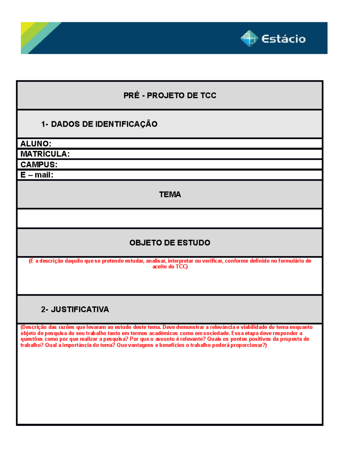Formulario PRe - Projeto DE TCC - Projeto de tcc - Estácio - Studocu