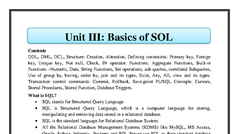 Unit-3: Basic SQL Notes - DDL, DML, DCL, and More - Studocu