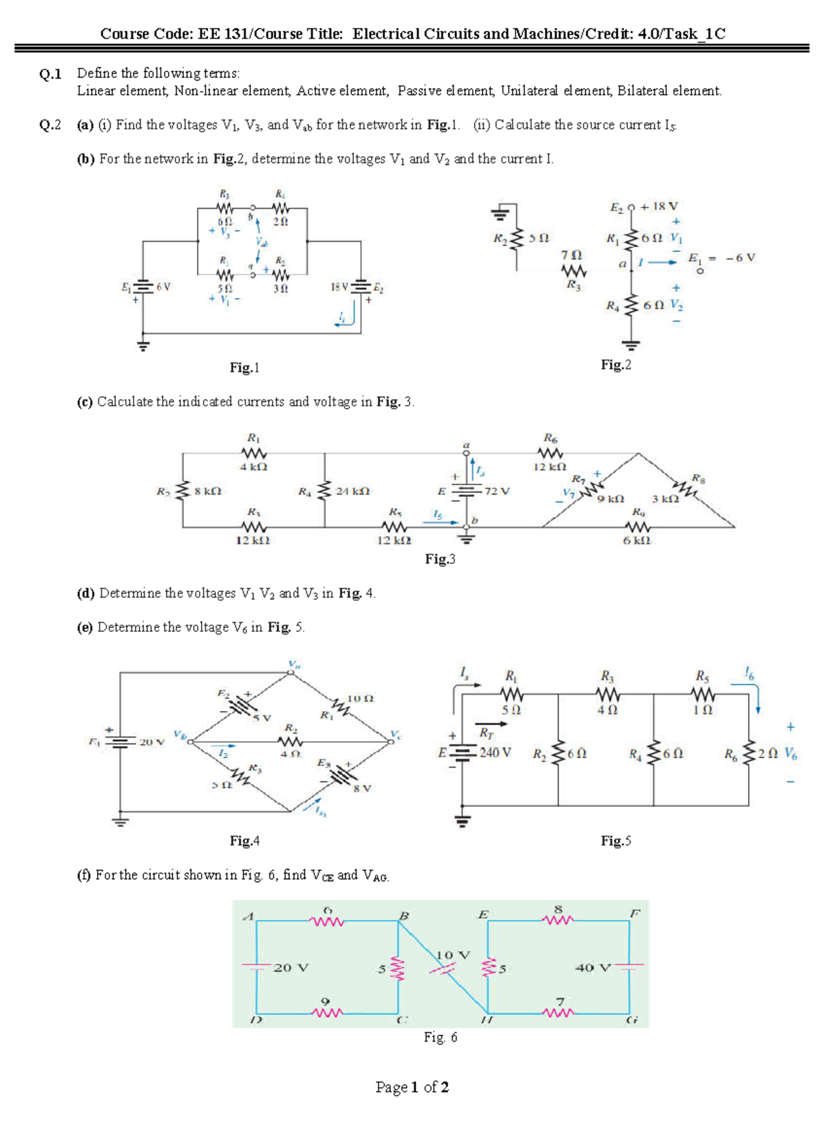 EE 131 Electrical Circuits: Definitions & Network Analysis Q1-Q2 - Studocu