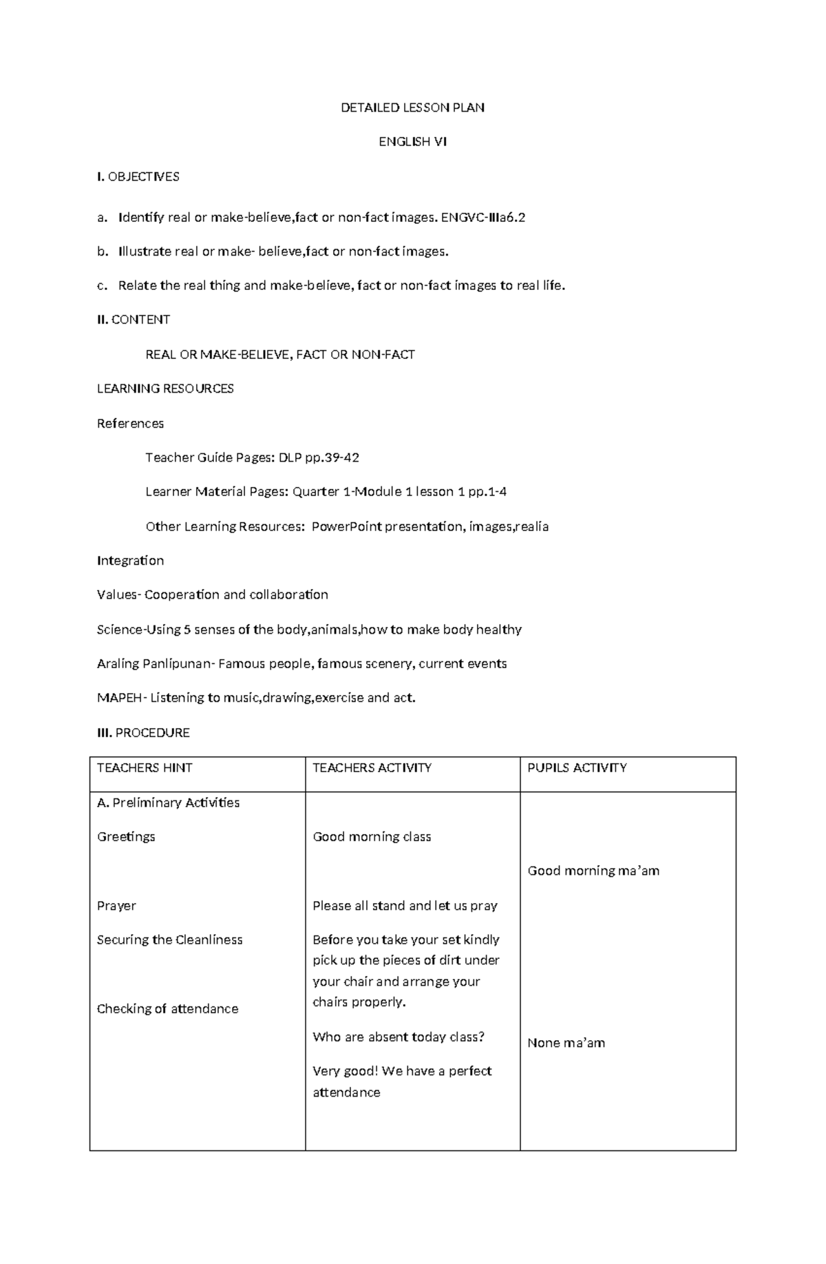 Detailed Lesson Plan for English VI: Real vs. Make-Believe - Studocu