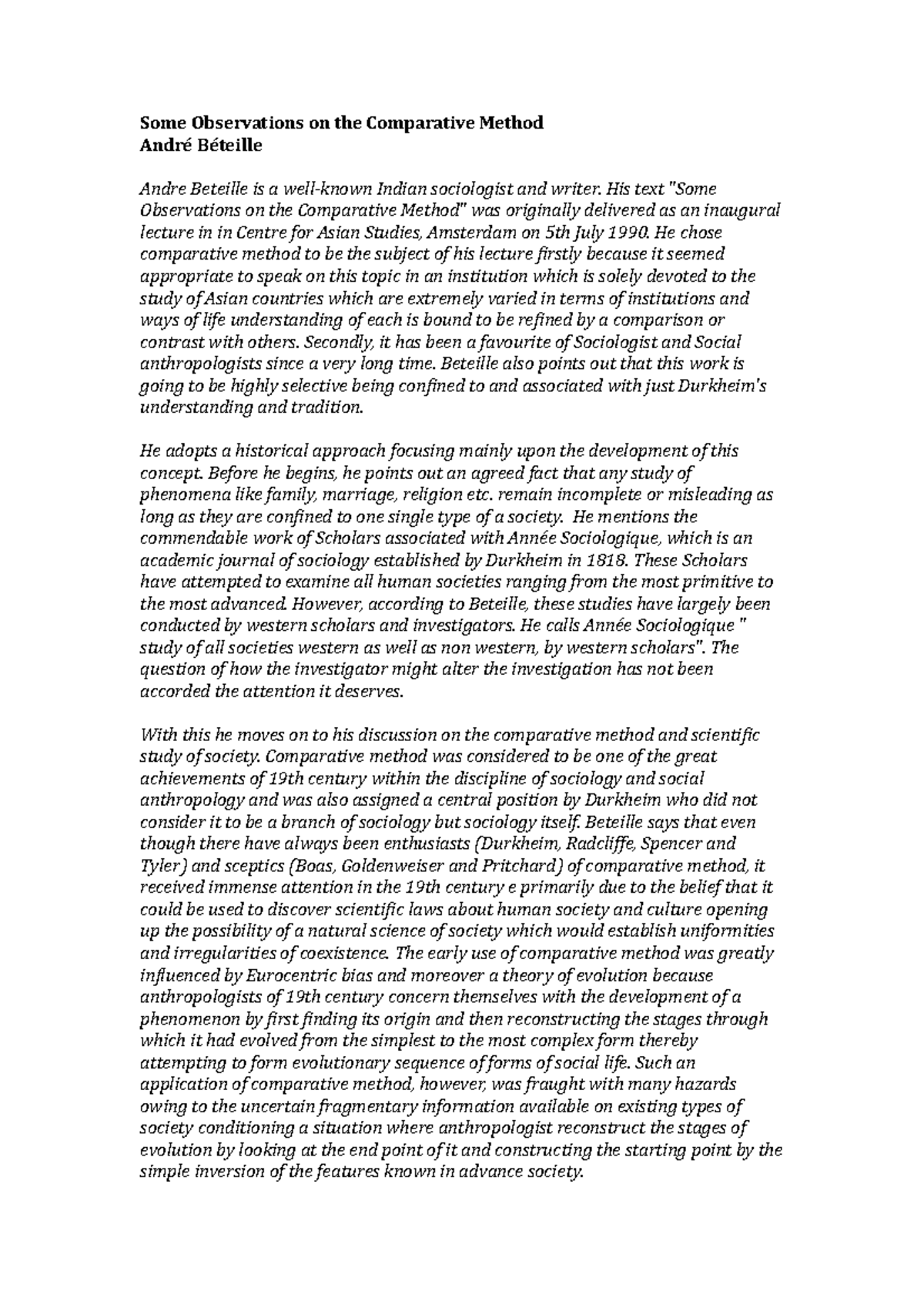 Comparative Method in Sociology: Insights from André Béteille - Studocu