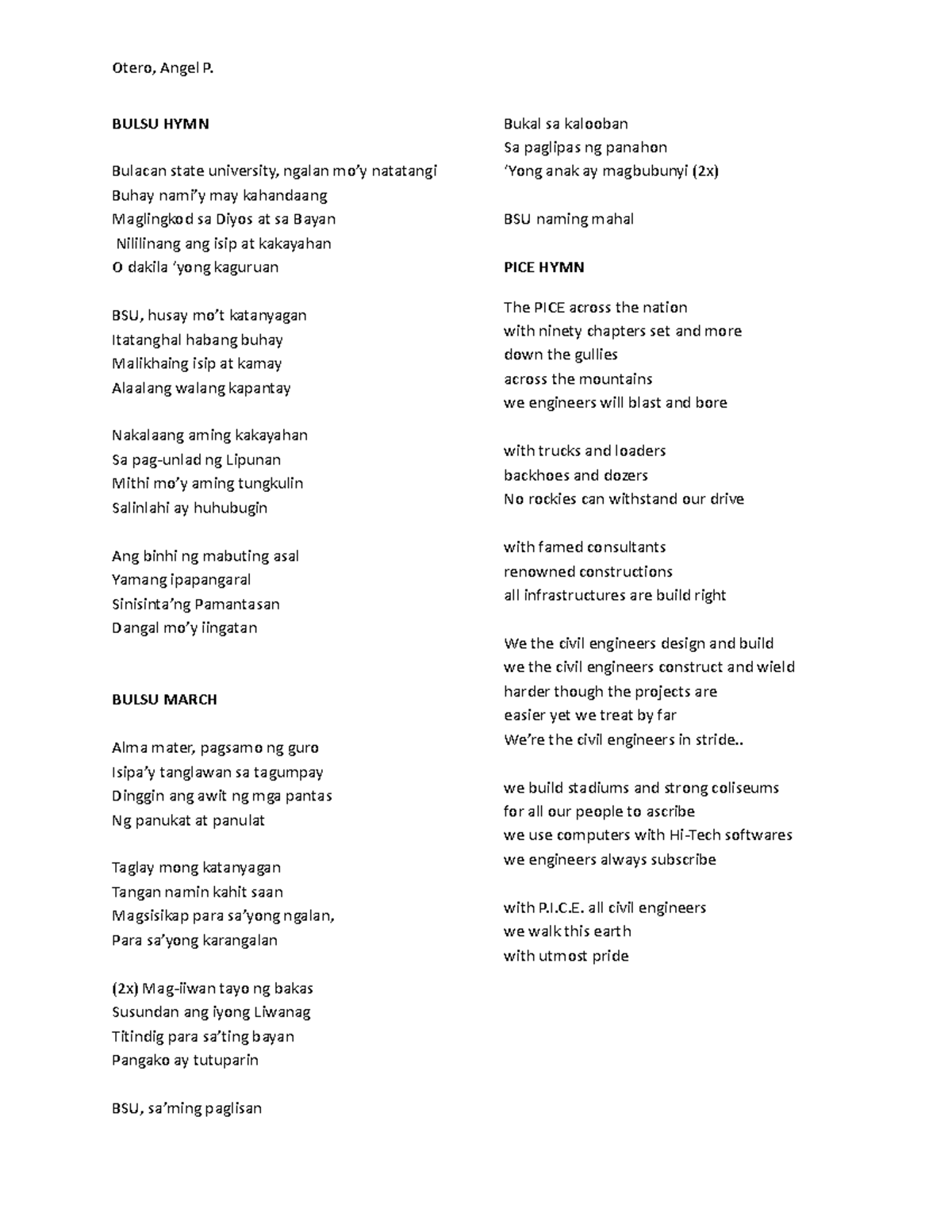 ITE- Bulacan State University Hymn and PICE Hymn Analysis - Studocu