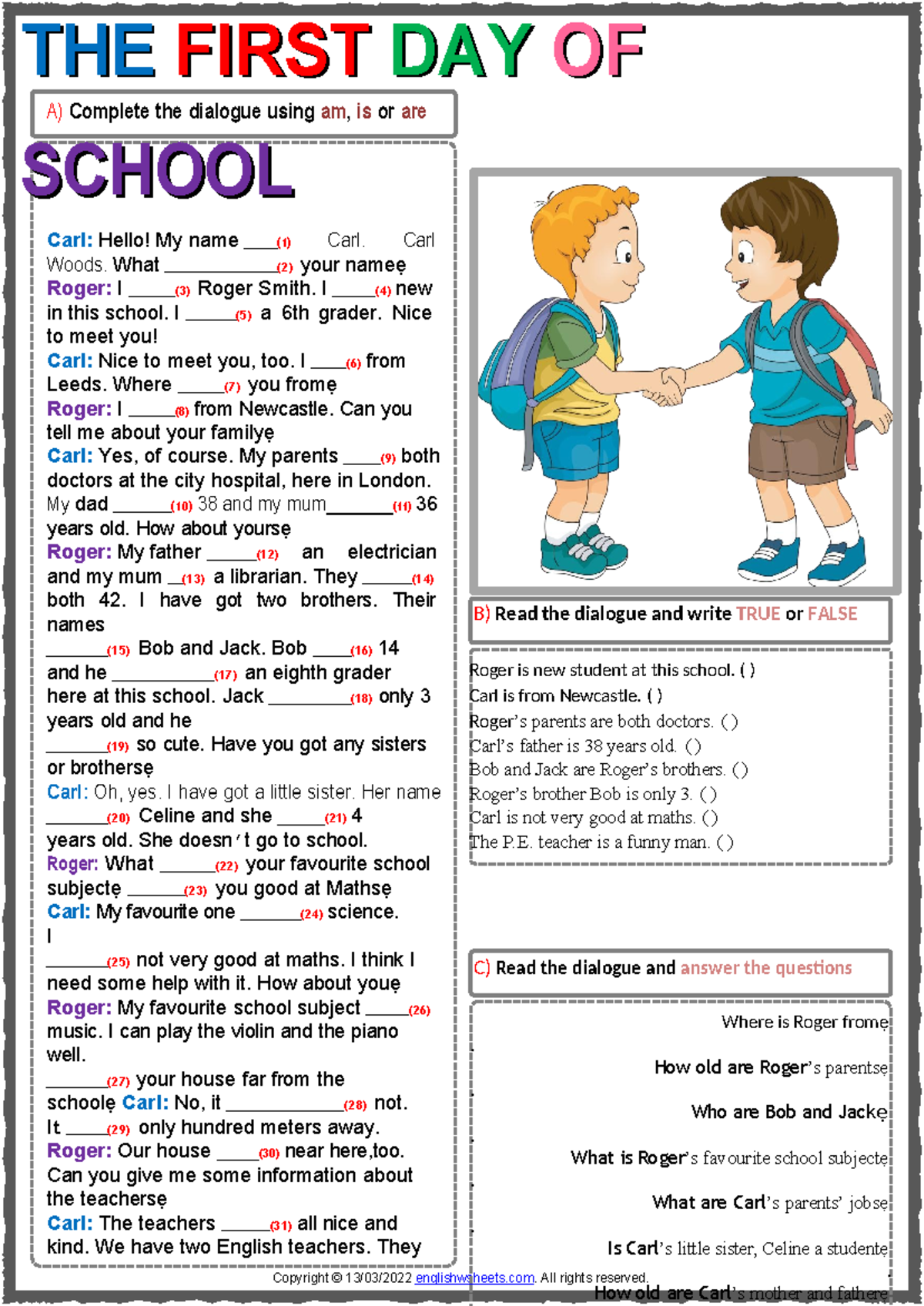 ESL Dialogue Comprehension Exercises: AM, IS, ARE for First Day of ...